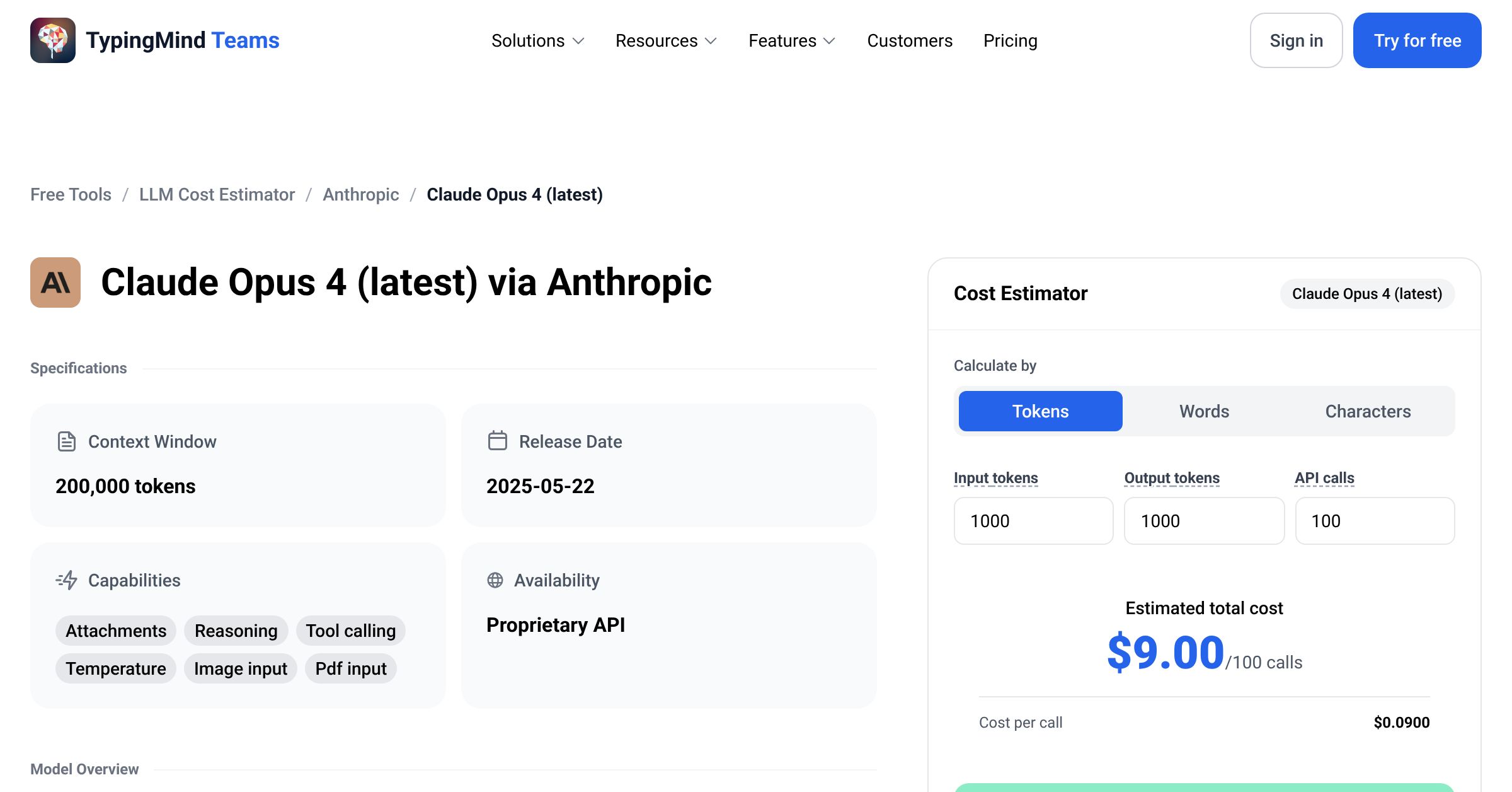 Anthropic Claude Opus 4 (latest) API Pricing Calculator
