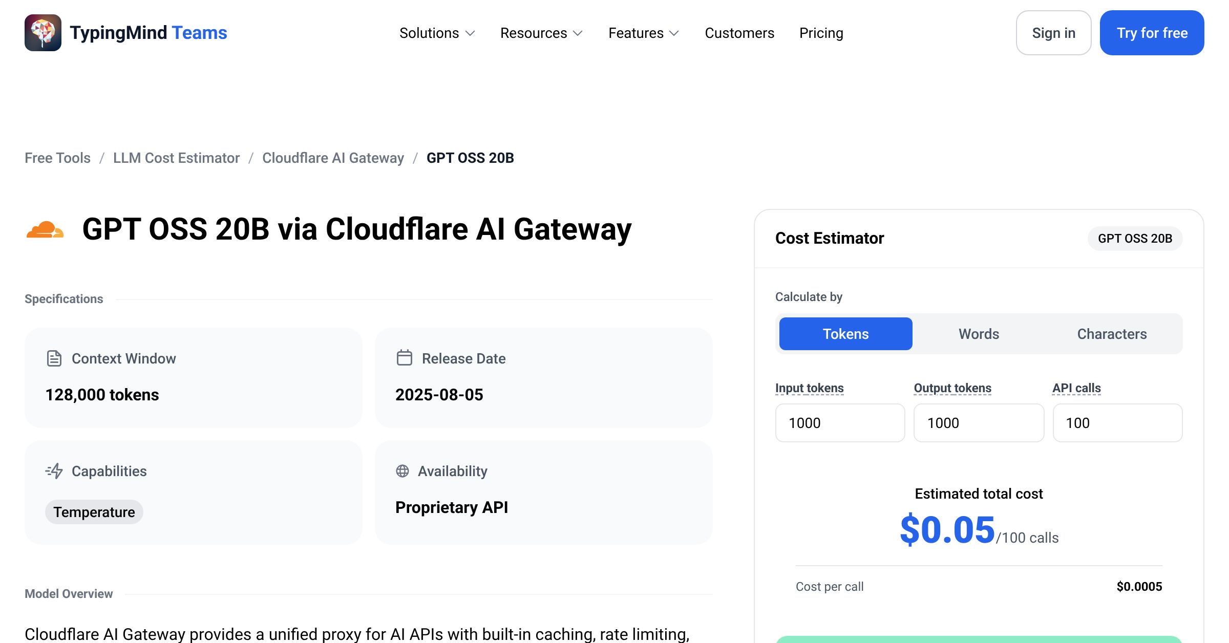 Cloudflare AI Gateway GPT OSS 20B API Pricing Calculator