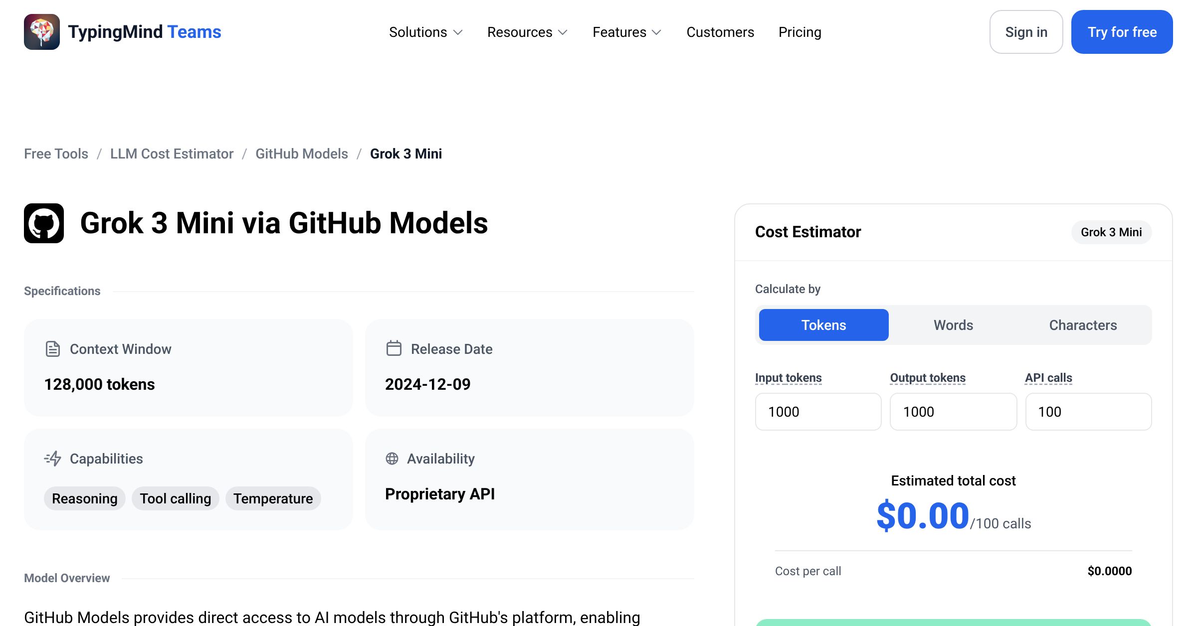GitHub Models Grok 3 Mini API Pricing Calculator