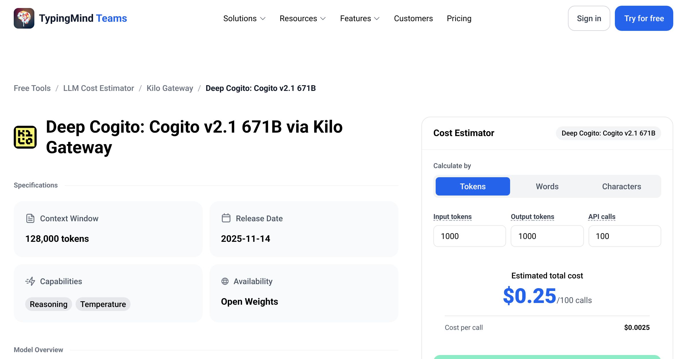 Kilo Gateway Deep Cogito: Cogito v2.1 671B API Pricing Calculator