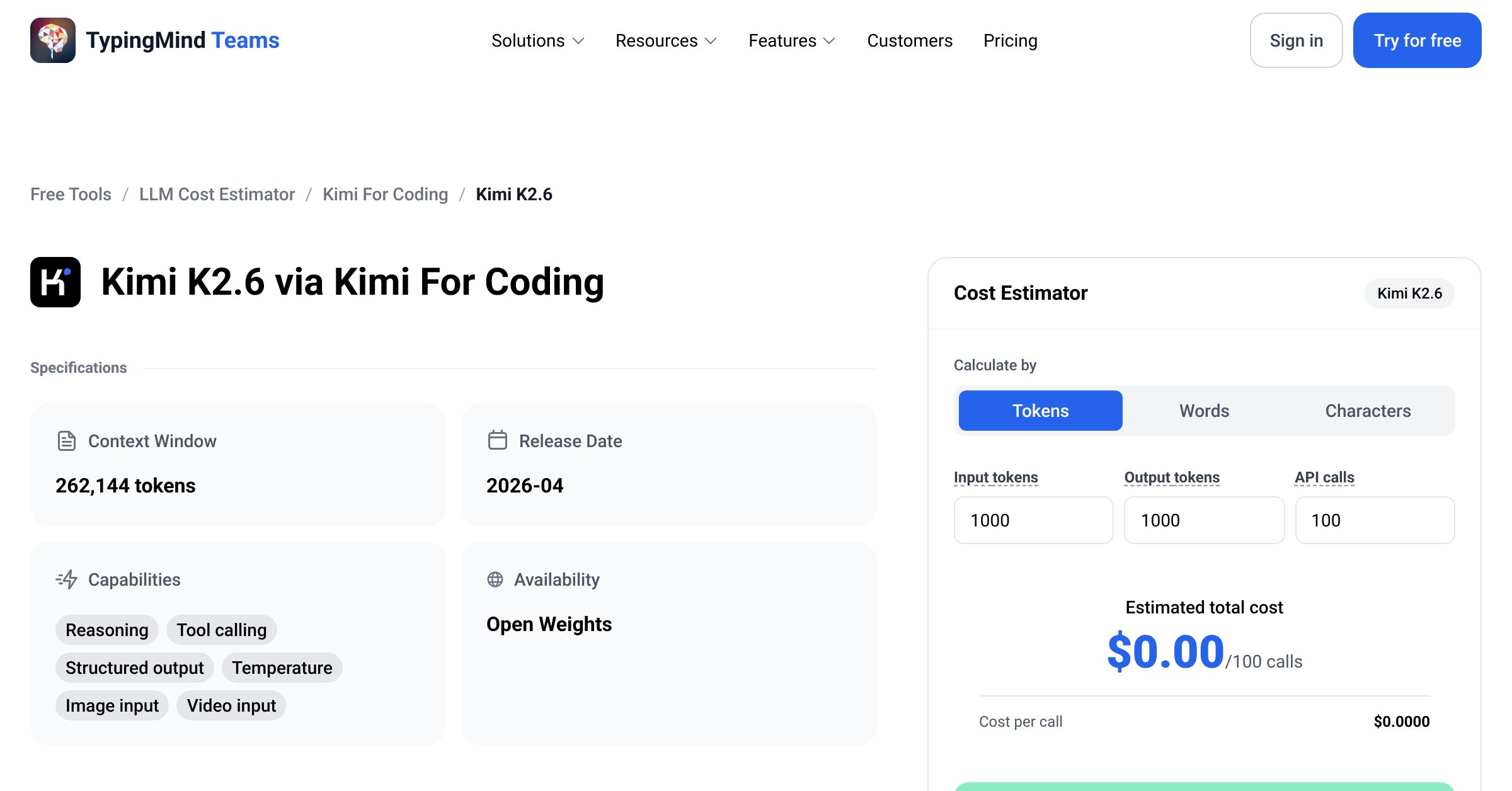 Kimi For Coding Kimi K2.6 API Pricing Calculator