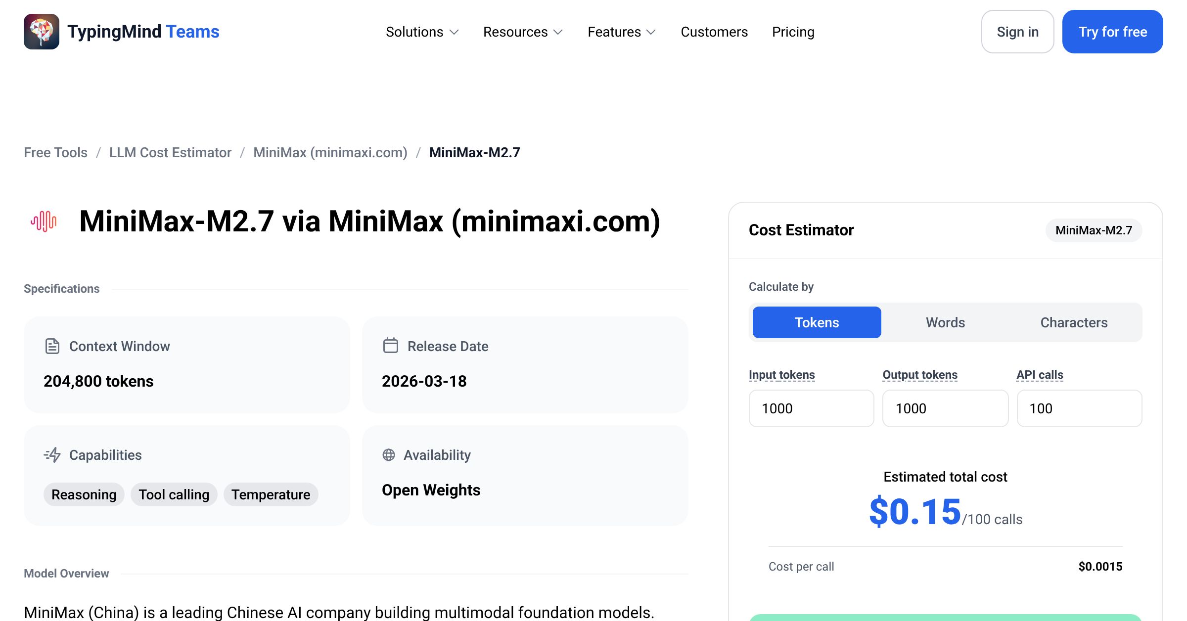 MiniMax (minimaxi.com) MiniMax-M2.7 API Pricing Calculator
