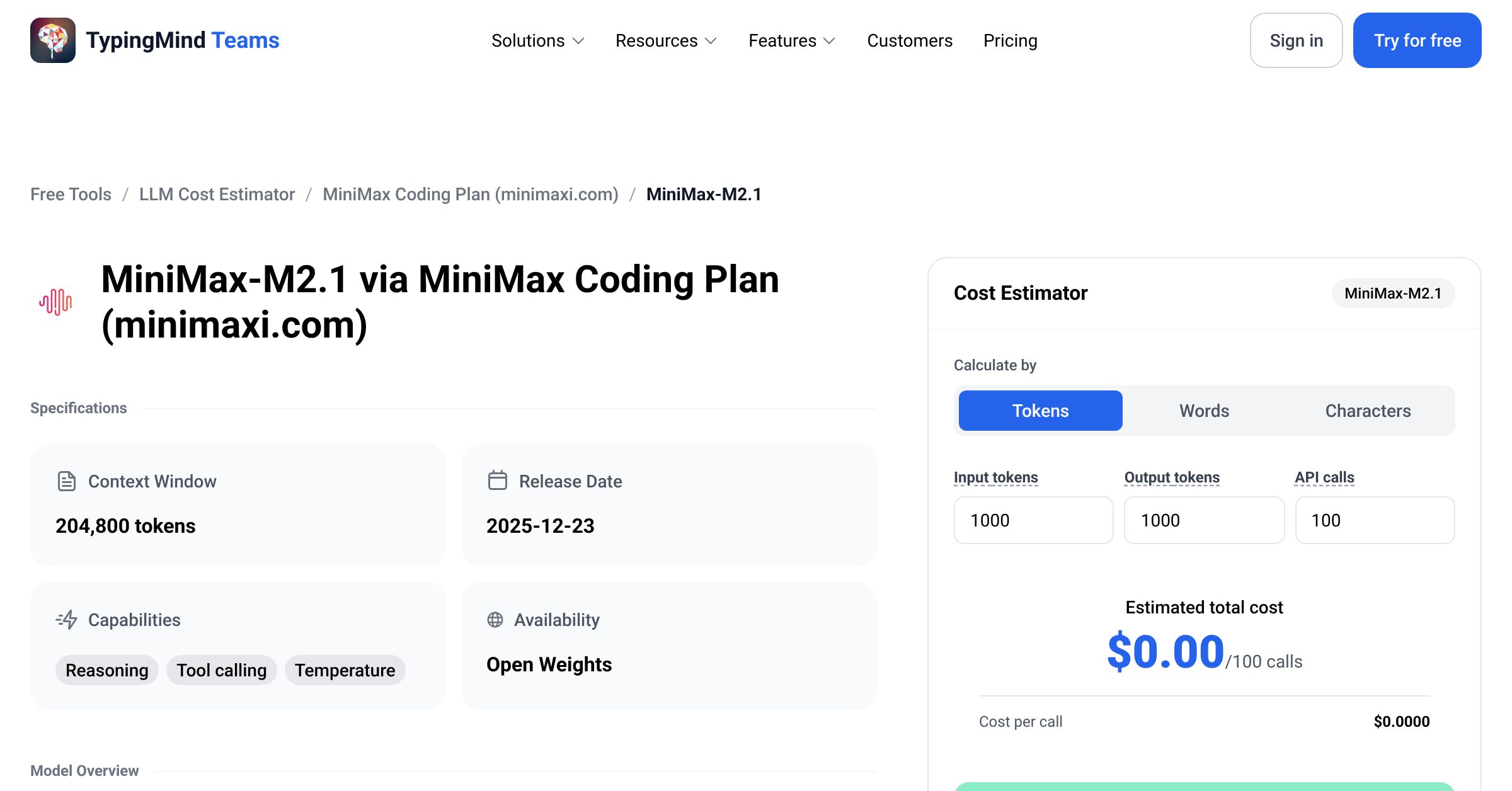 MiniMax Coding Plan (minimaxi.com) MiniMax-M2.1 API Pricing Calculator