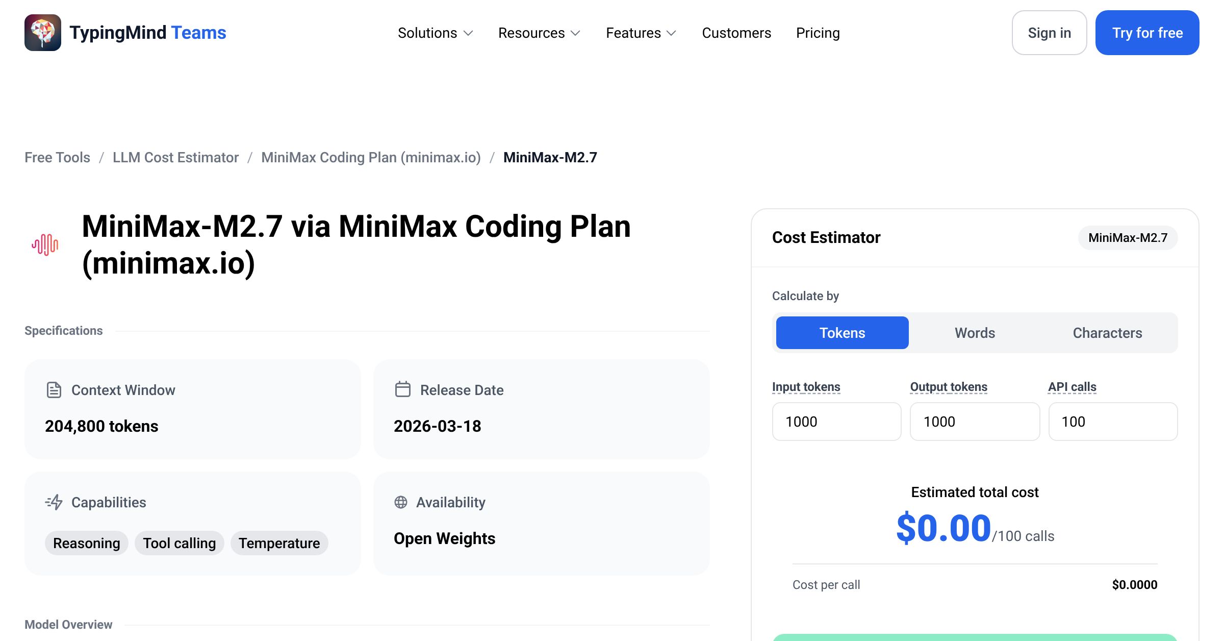 MiniMax Coding Plan (minimax.io) MiniMax-M2.7 API Pricing Calculator