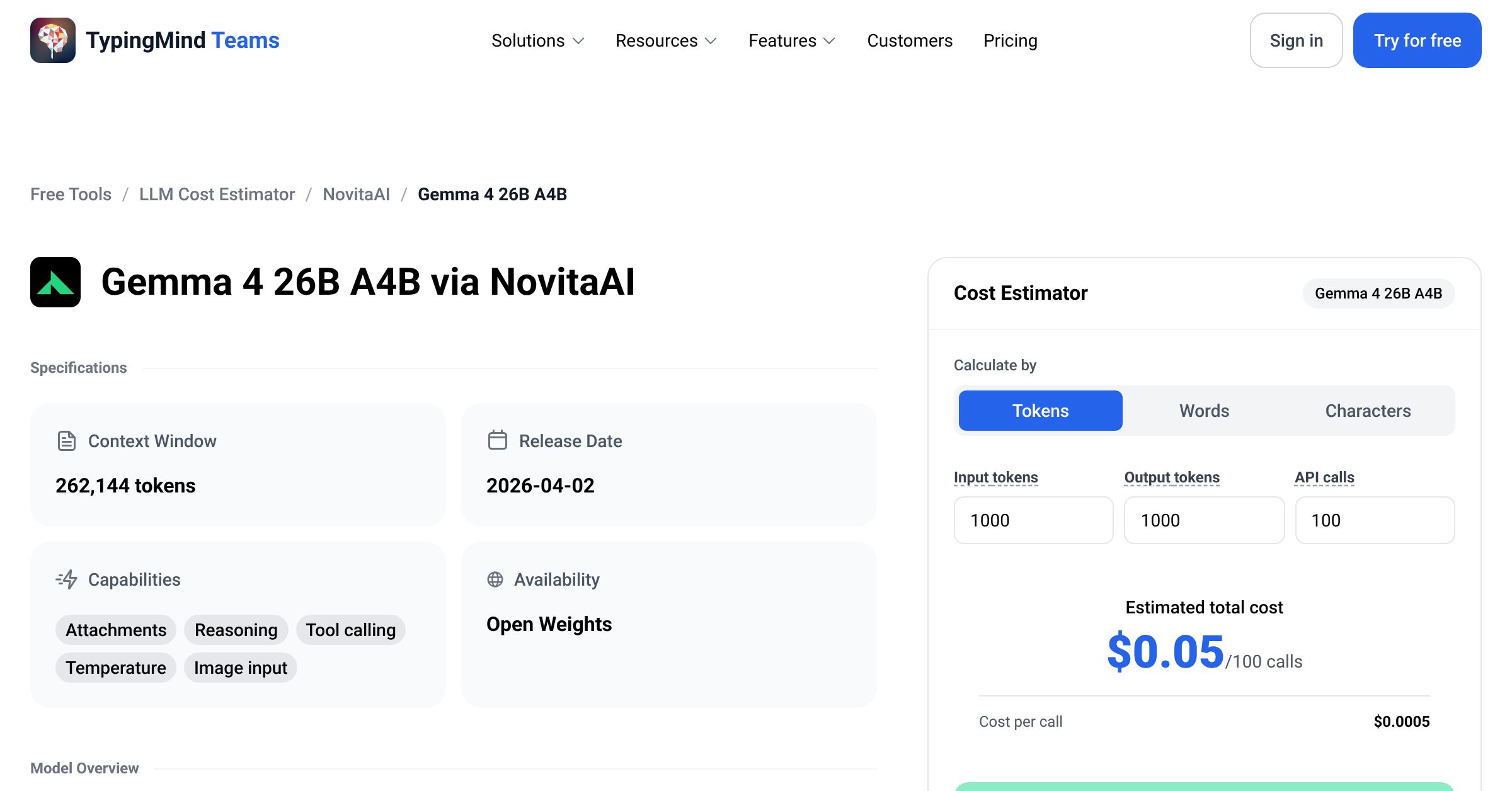 NovitaAI Gemma 4 26B A4B API Pricing Calculator