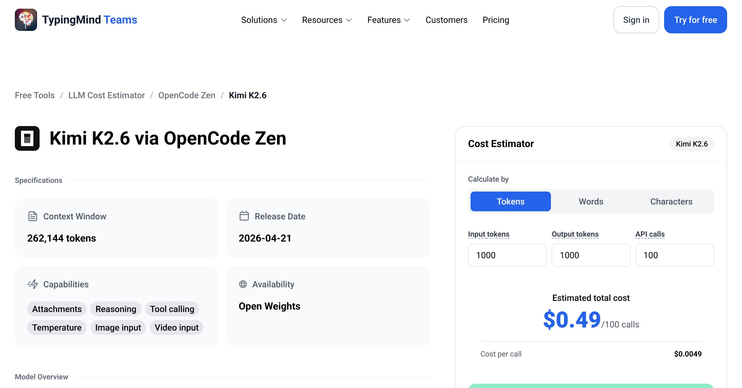 OpenCode Zen Kimi K2.6 API Pricing Calculator