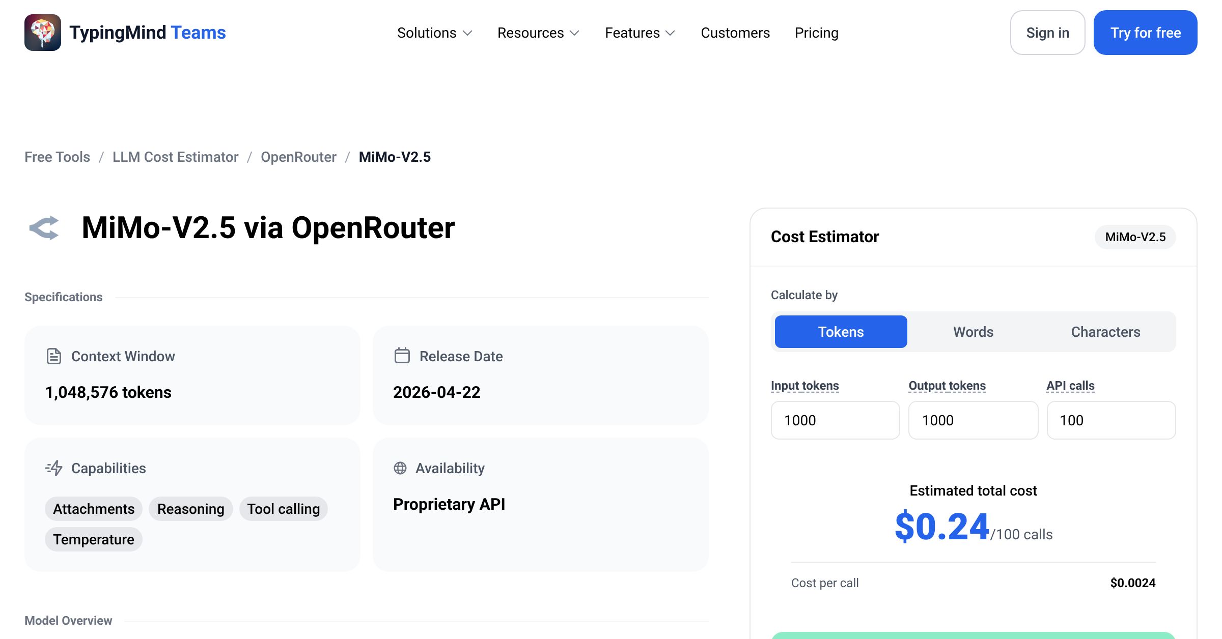 OpenRouter MiMo-V2.5 API Pricing Calculator