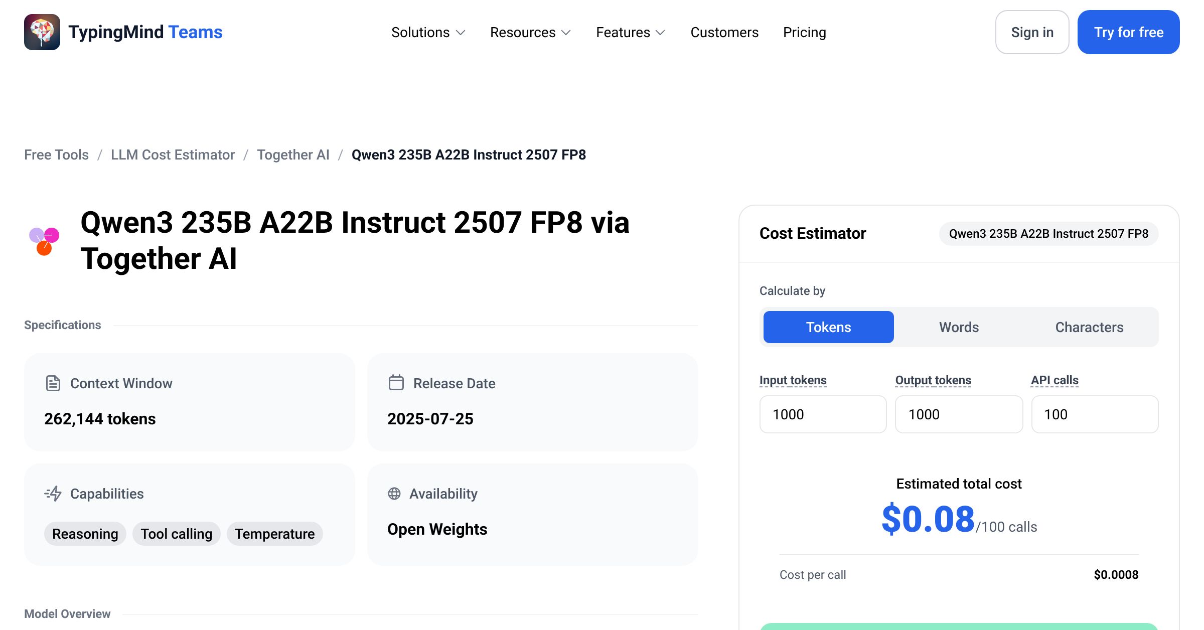 Together AI Qwen3 235B A22B Instruct 2507 FP8 API Pricing Calculator