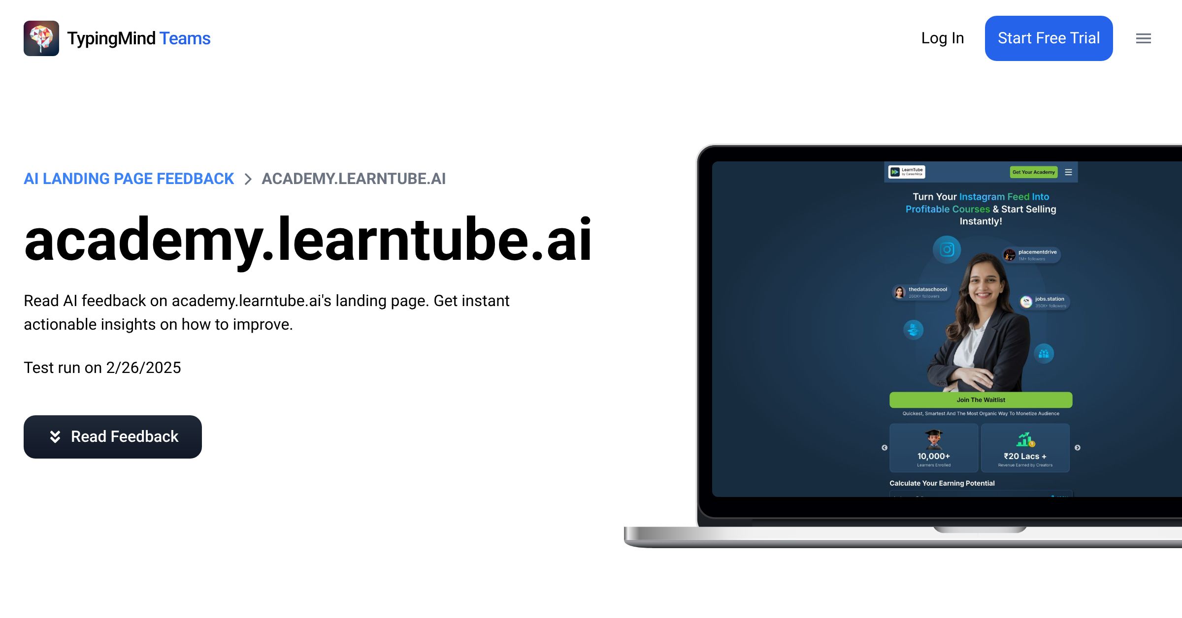 AI Landing Page Feedback for academy.learntube.ai