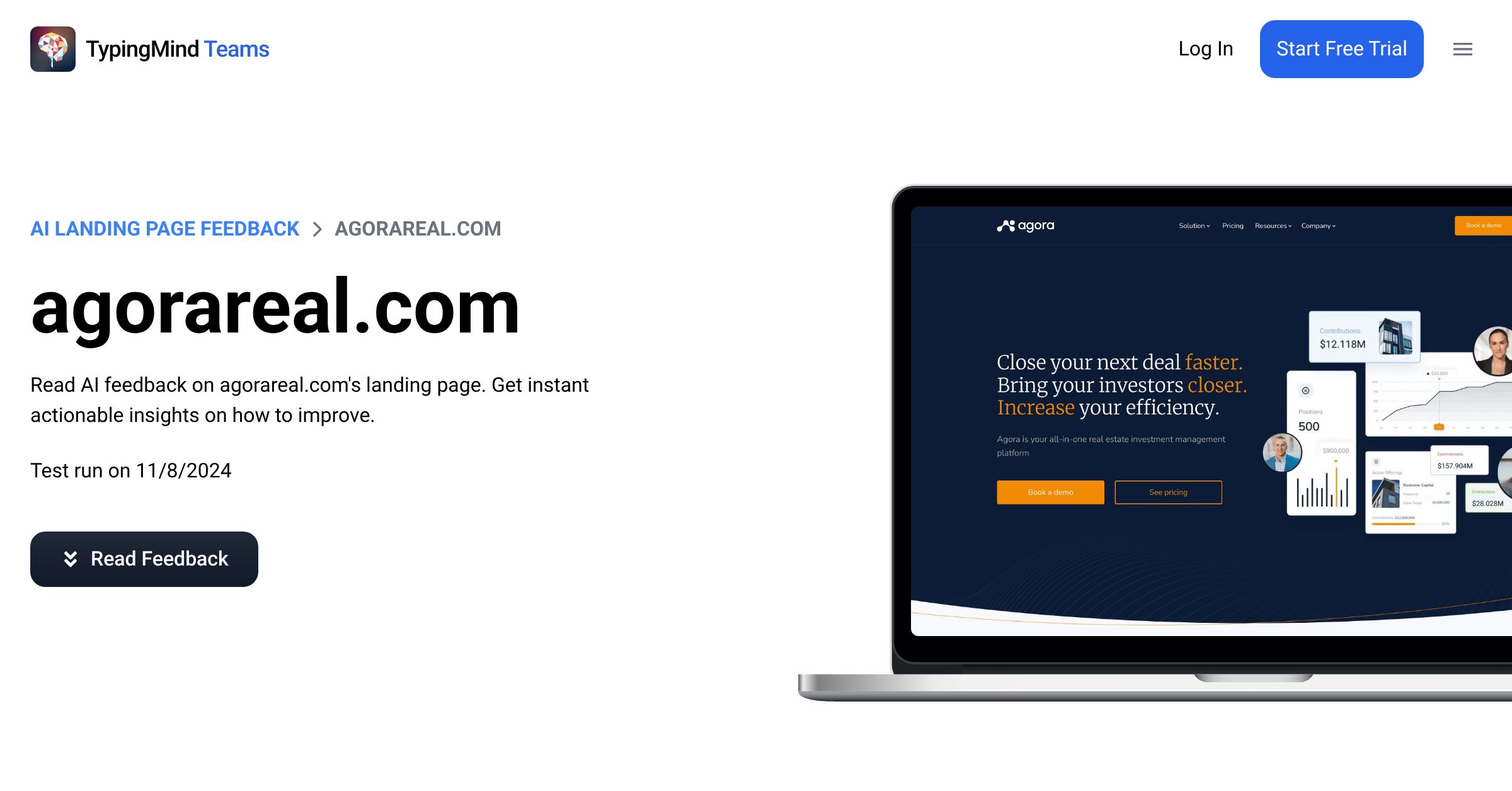 AI Landing Page Feedback for agorareal.com