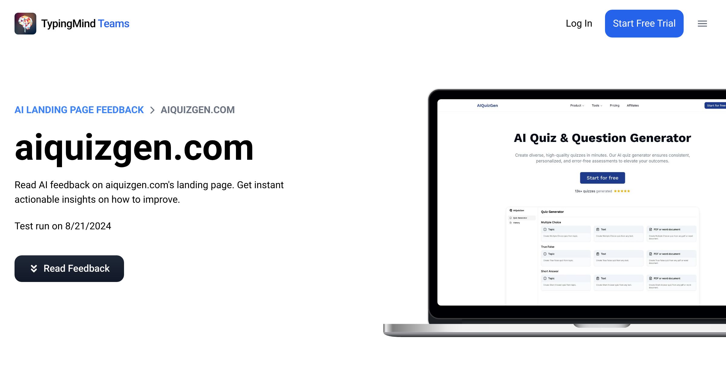 AI Landing Page Feedback for aiquizgen.com
