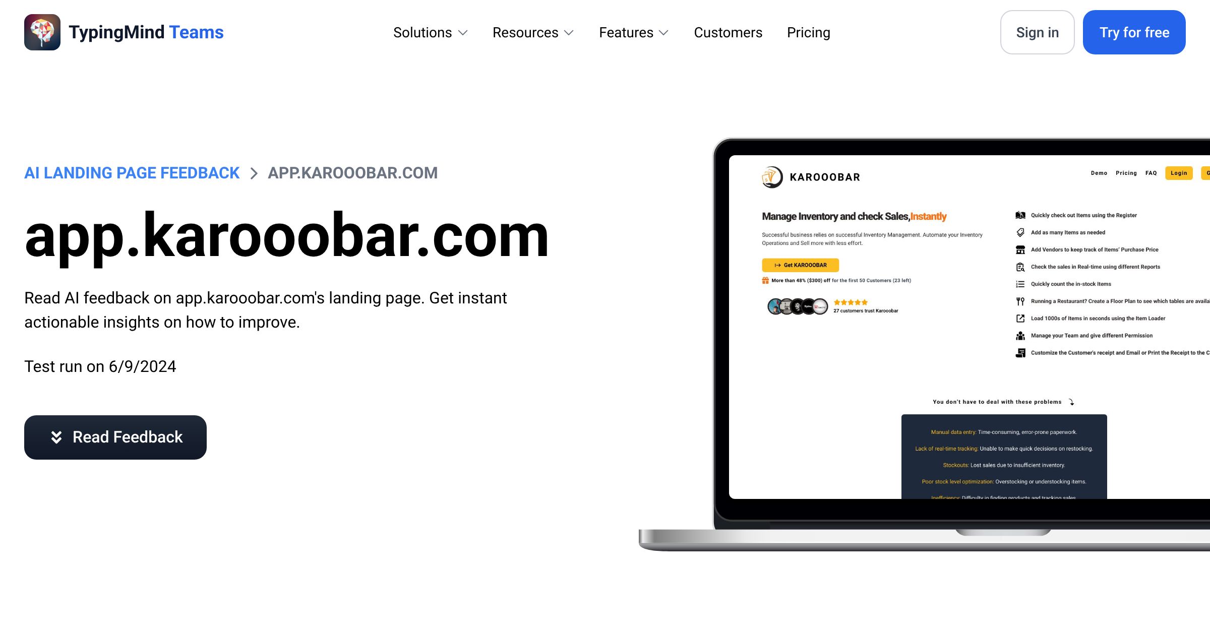 AI Landing Page Feedback for app.karooobar.com