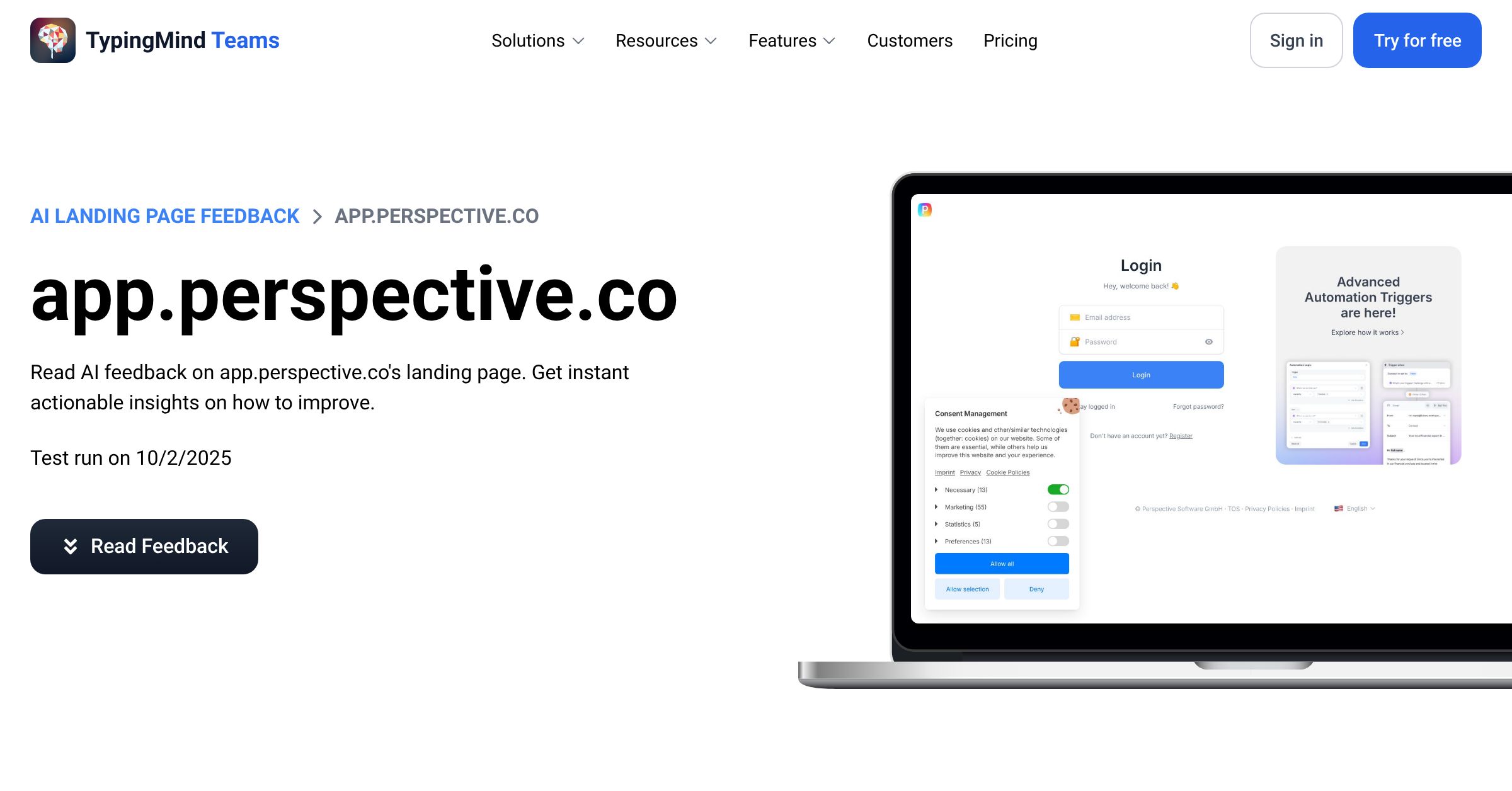 AI Landing Page Feedback for app.perspective.co