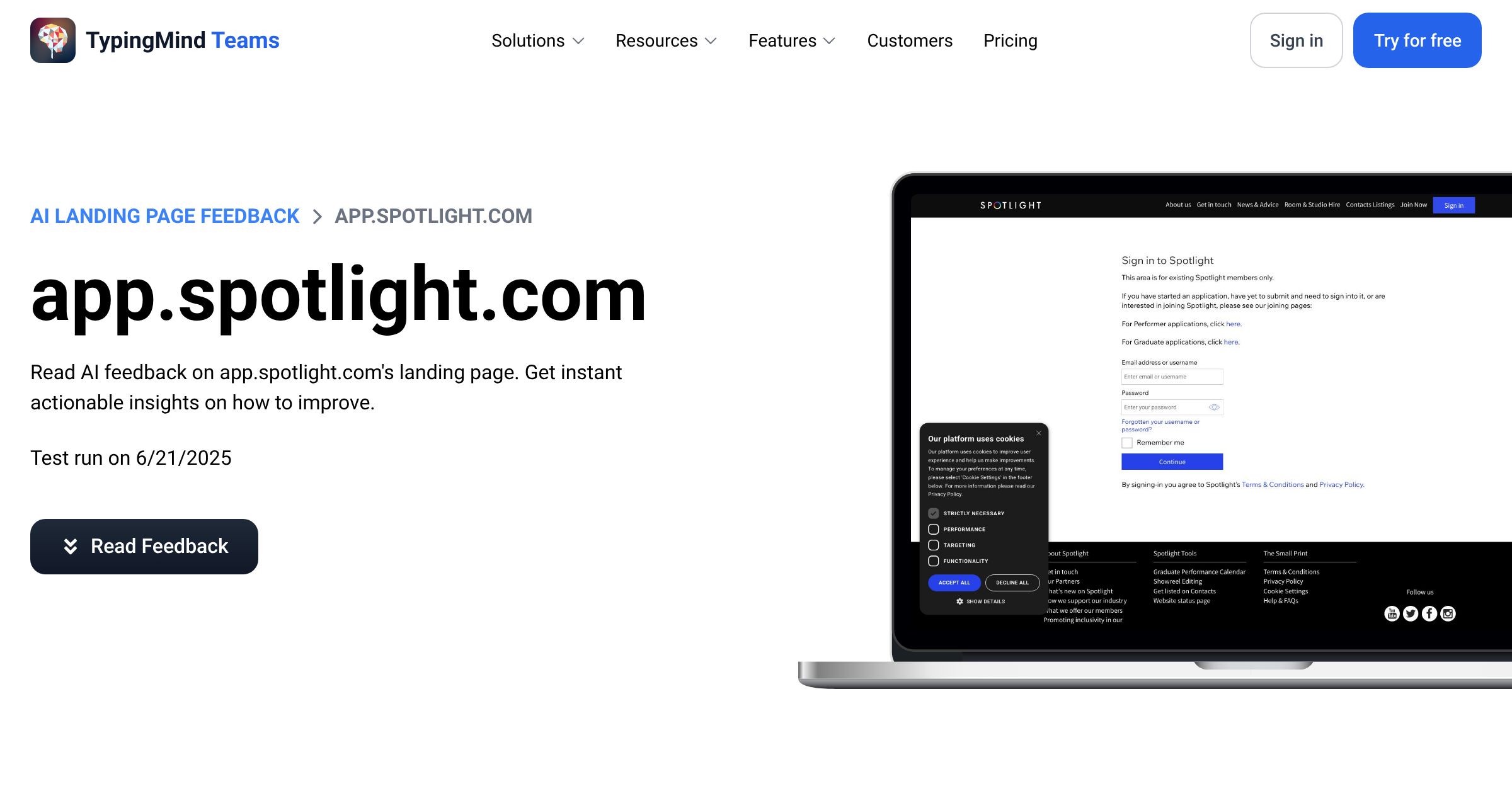 AI Landing Page Feedback for app.spotlight.com