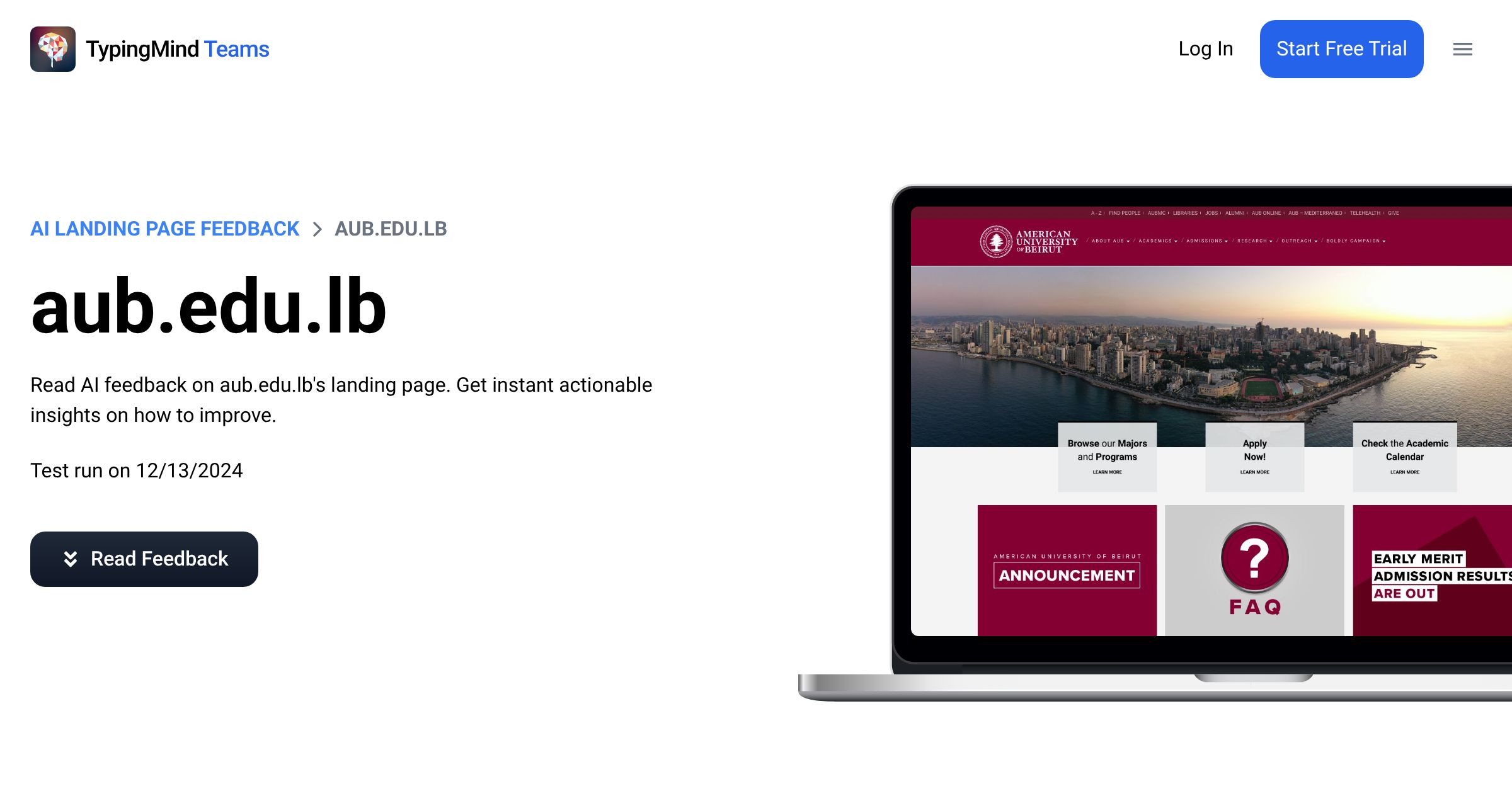 AI Landing Page Feedback for aub.edu.lb