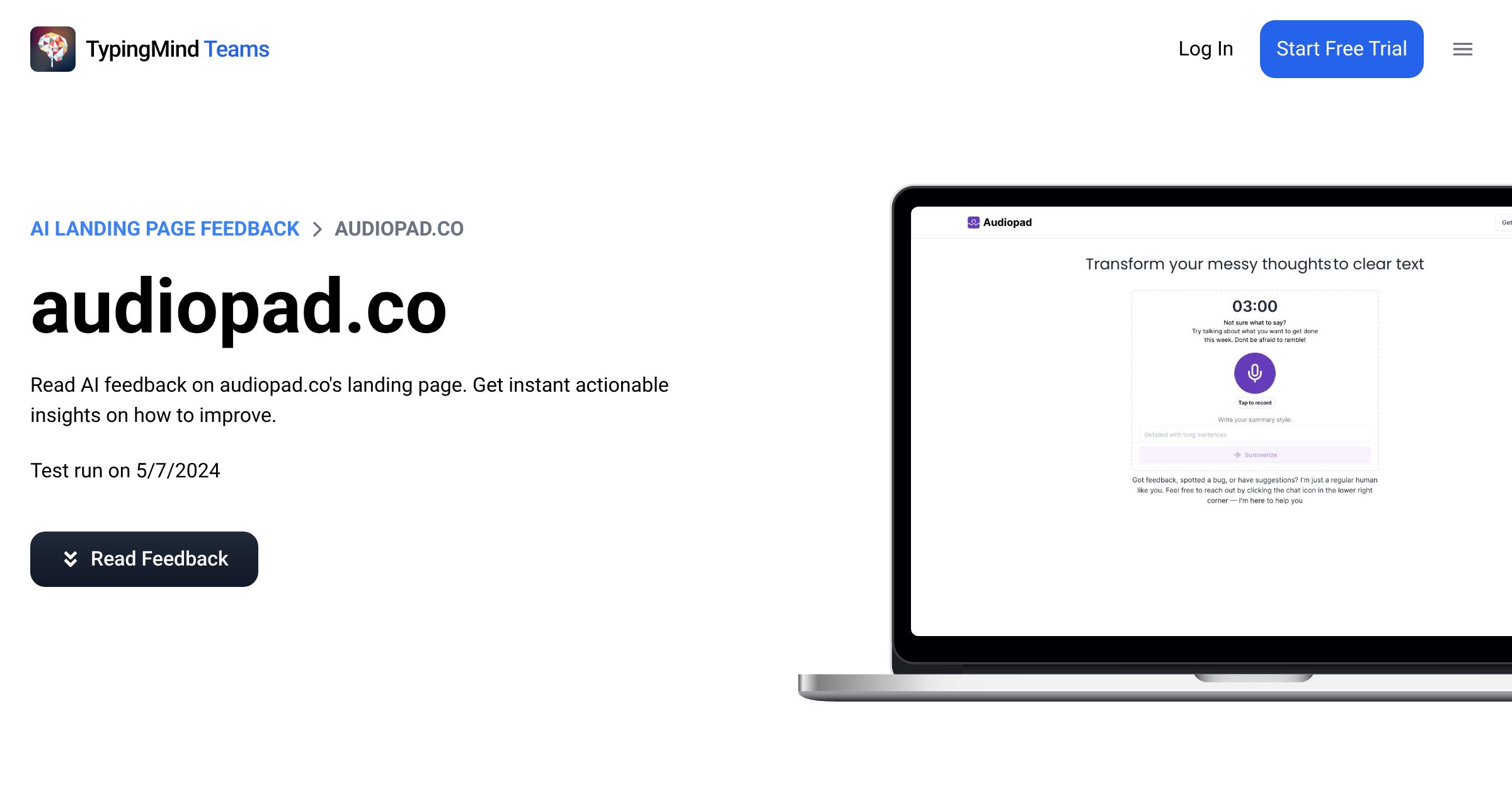 AI Landing Page Feedback for audiopad.co