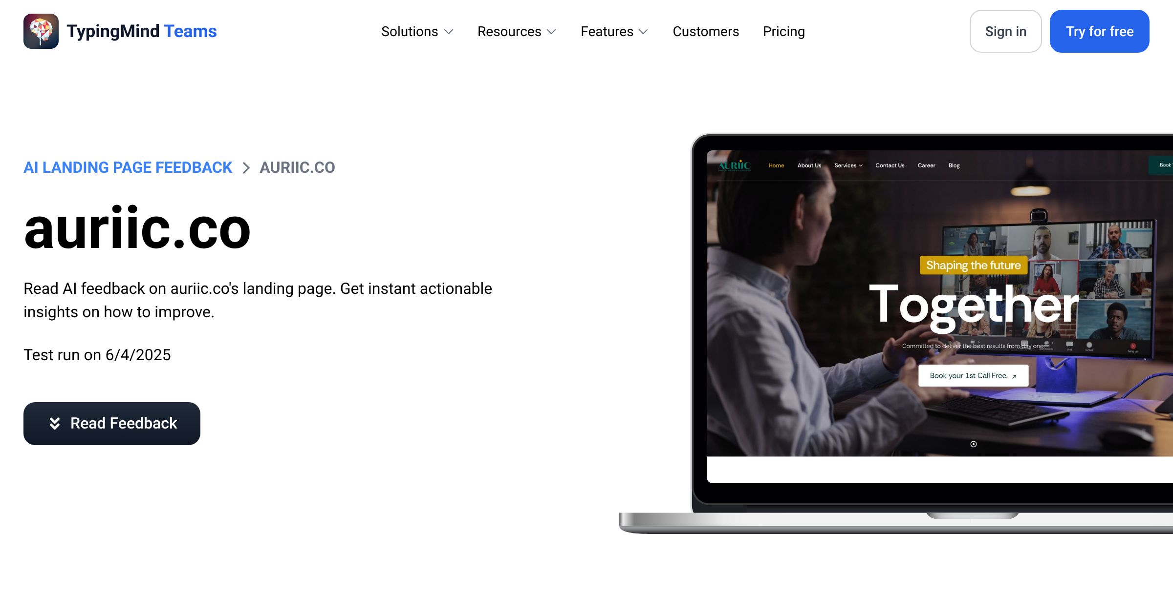 AI Landing Page Feedback for auriic.co