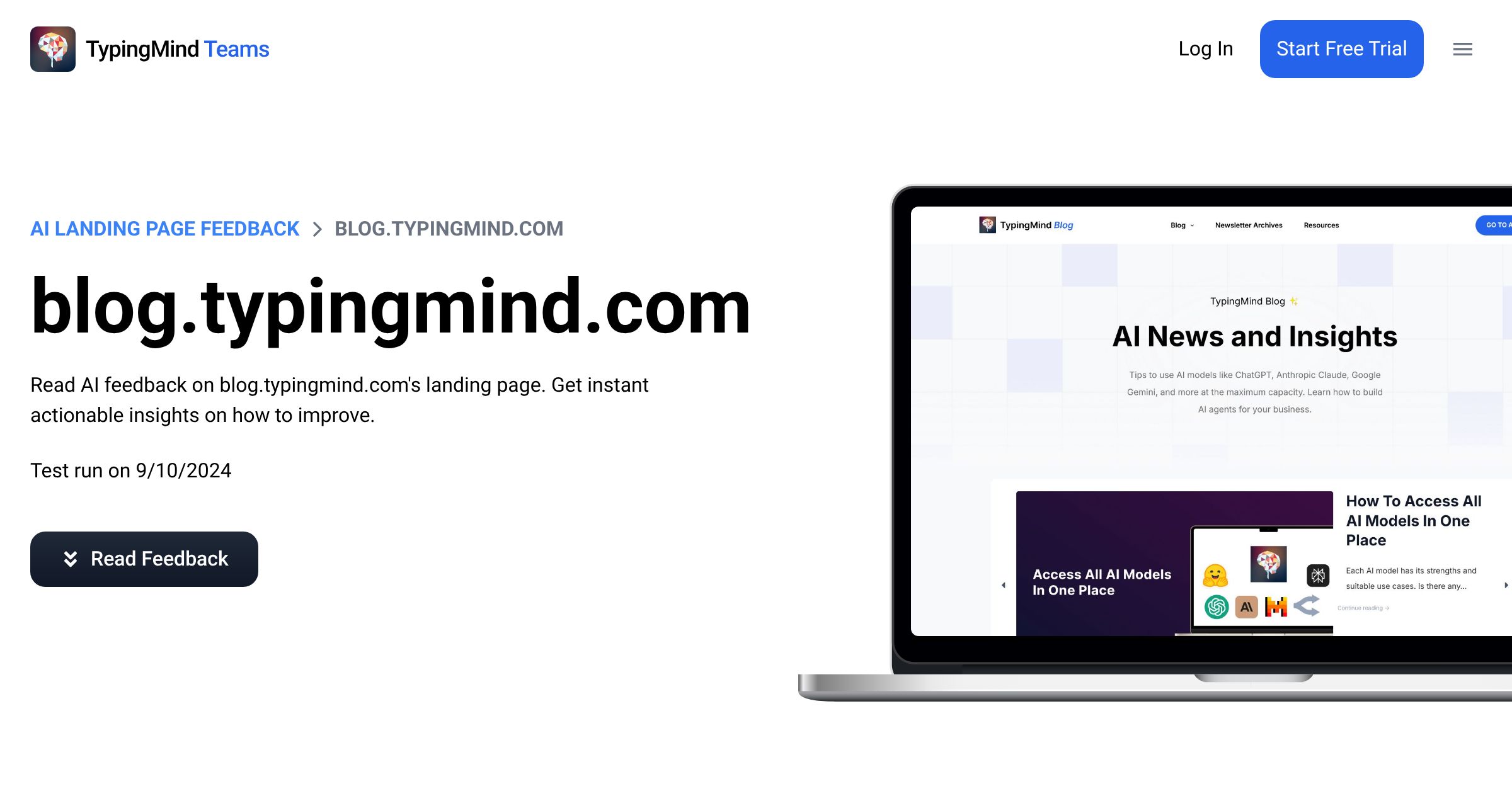 AI Landing Page Feedback for blog.typingmind.com