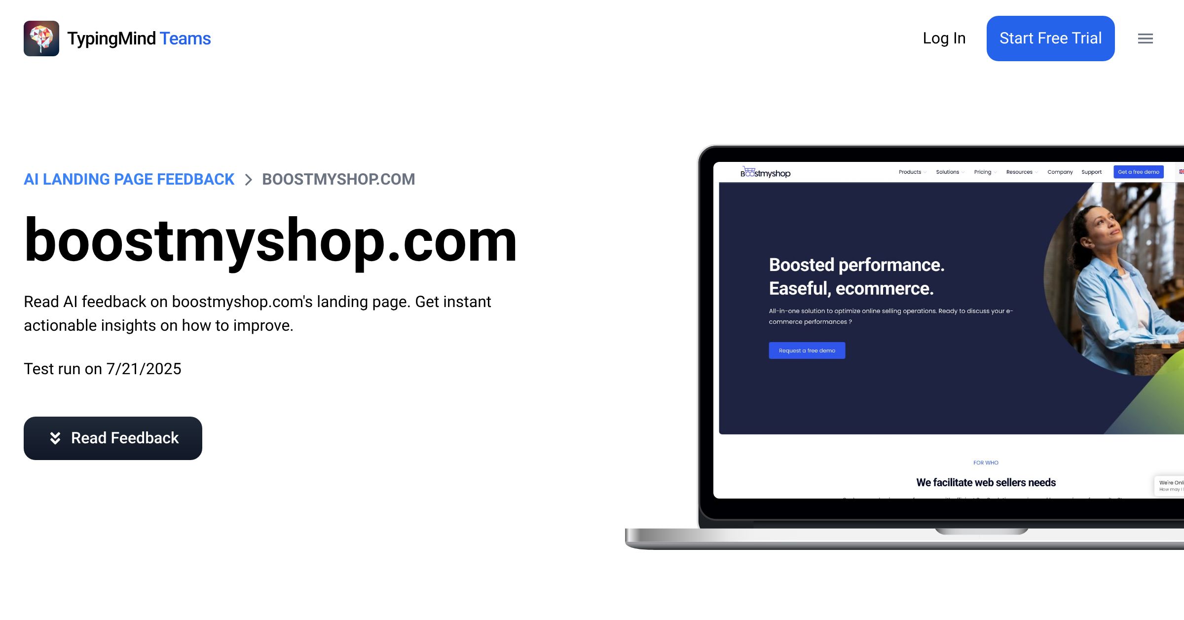 AI Landing Page Feedback for boostmyshop.com