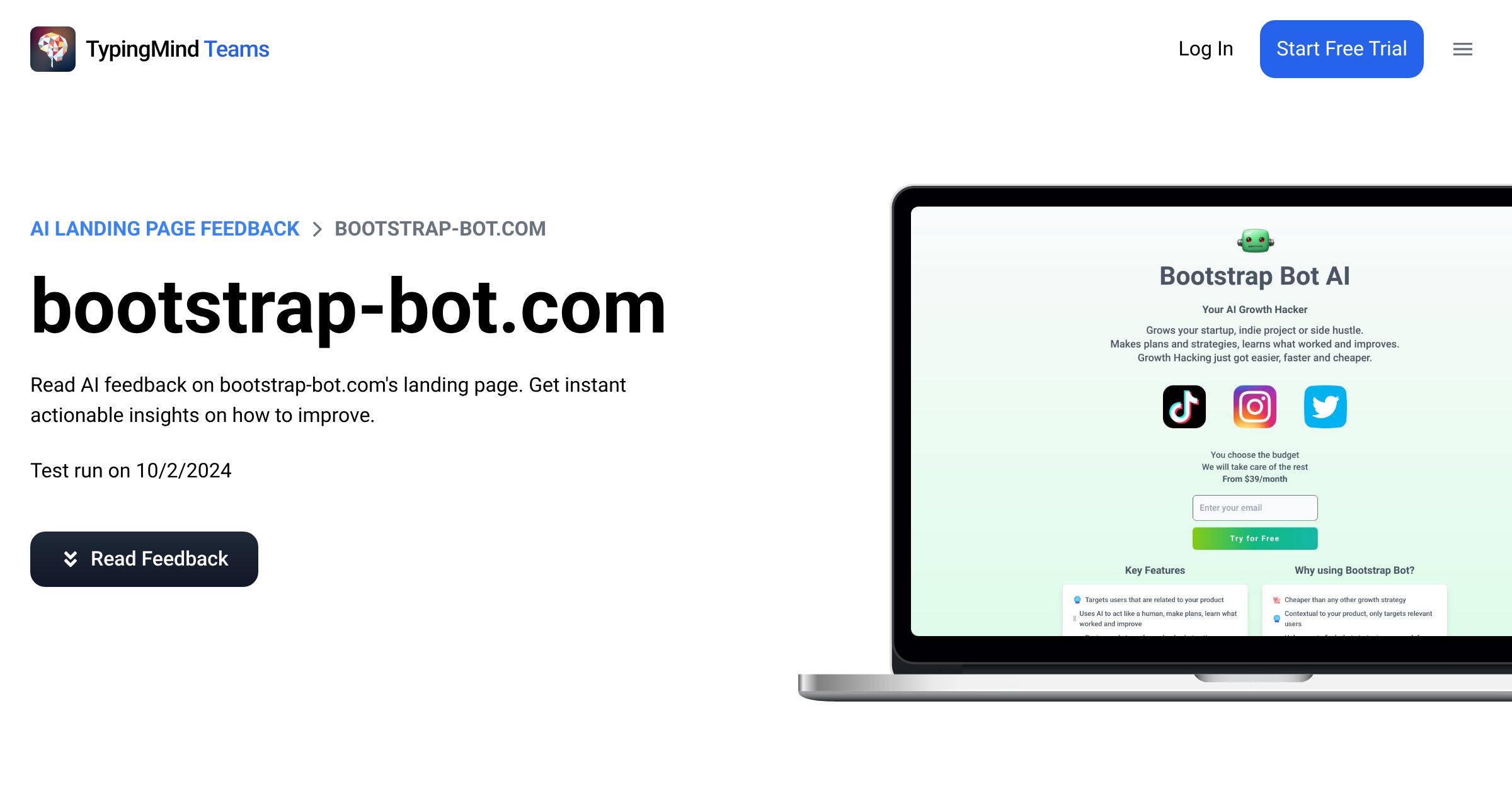 AI Landing Page Feedback for bootstrap-bot.com
