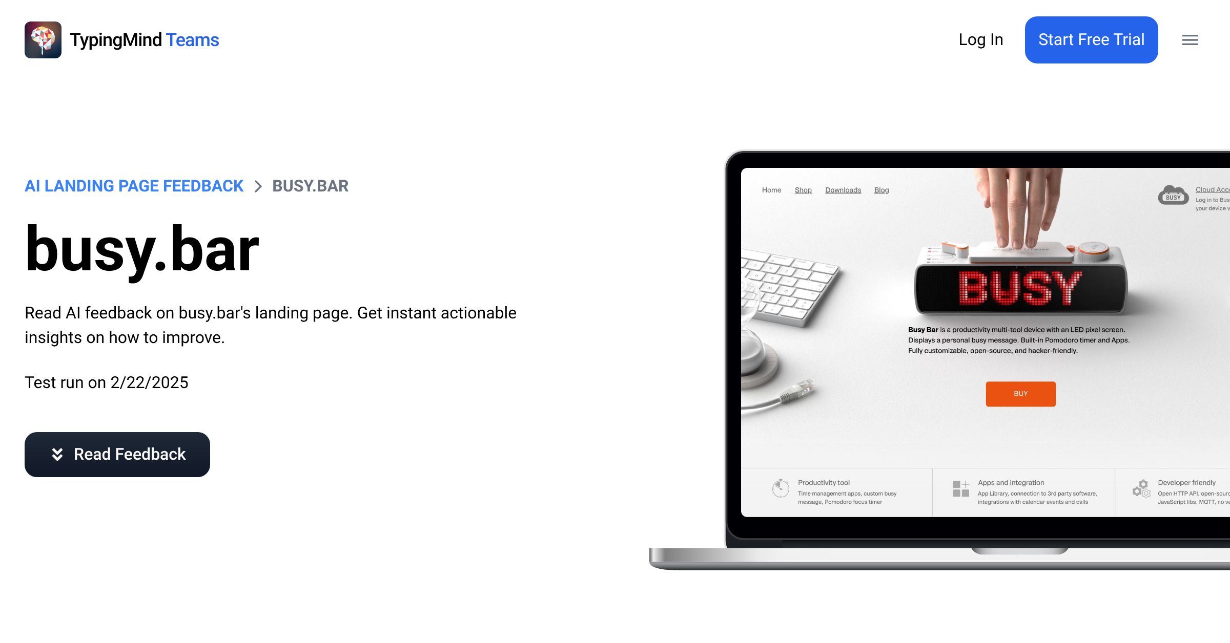 AI Landing Page Feedback for busy.bar