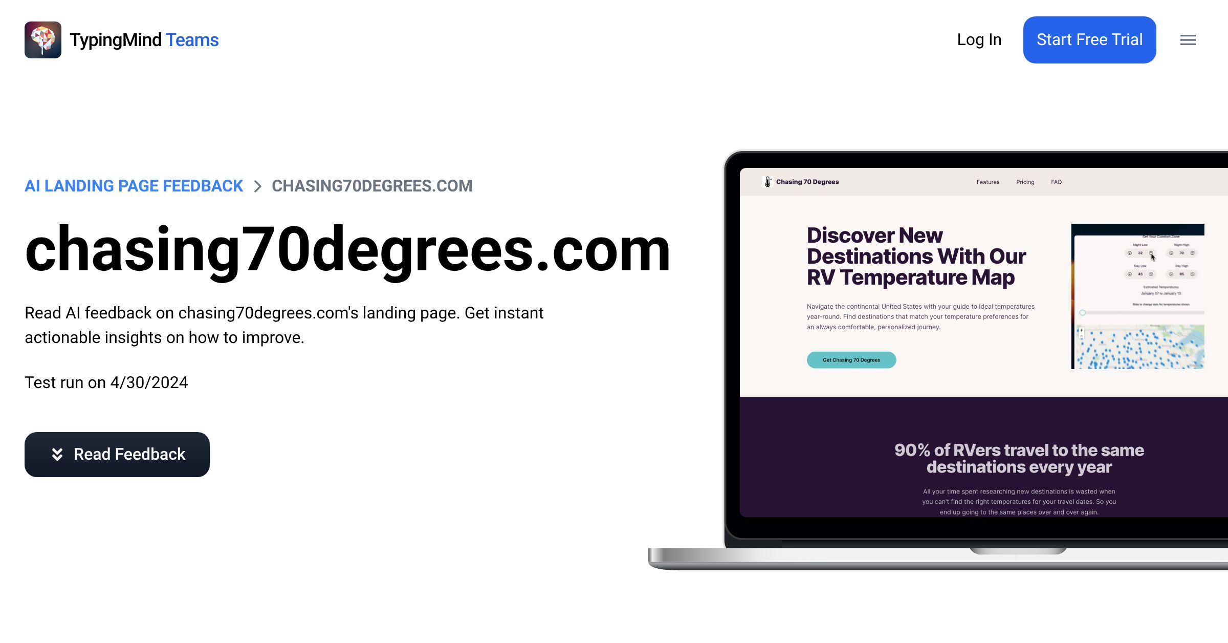 AI Landing Page Feedback for chasing70degrees.com