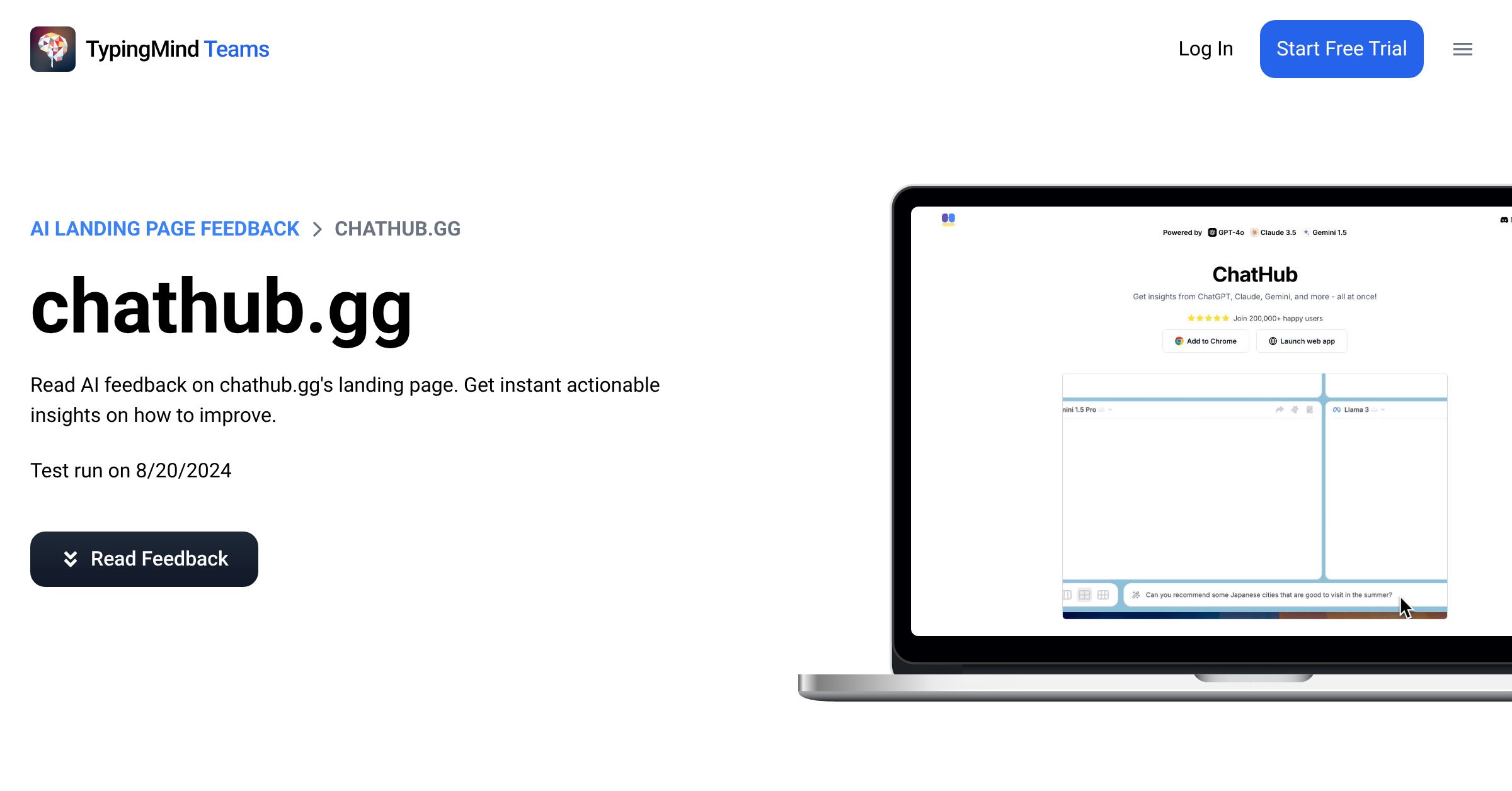 AI Landing Page Feedback for chathub.gg