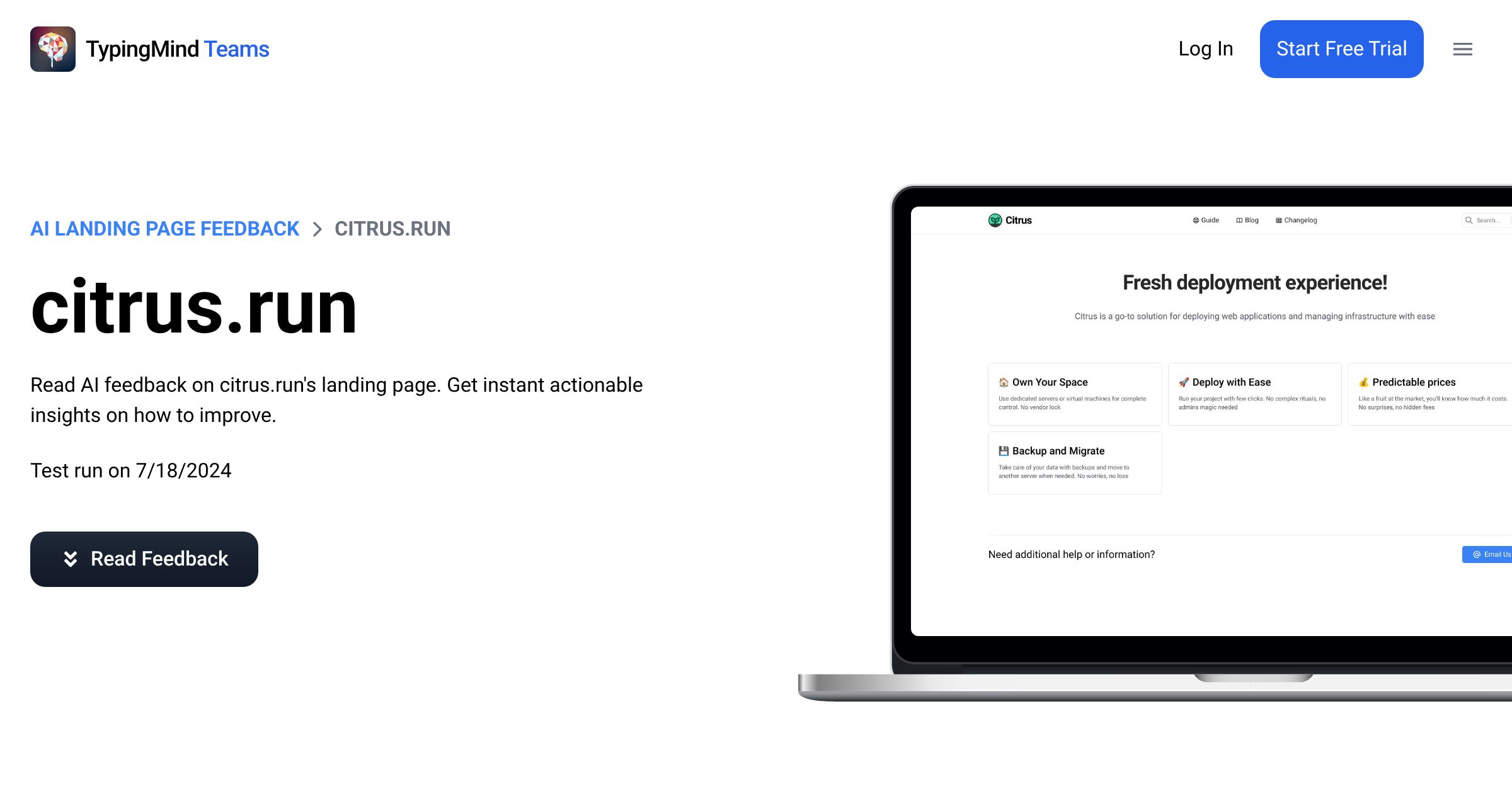 AI Landing Page Feedback for citrus.run