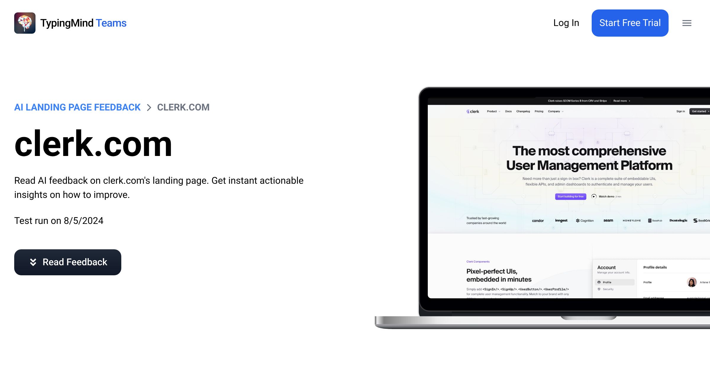 AI Landing Page Feedback for clerk.com