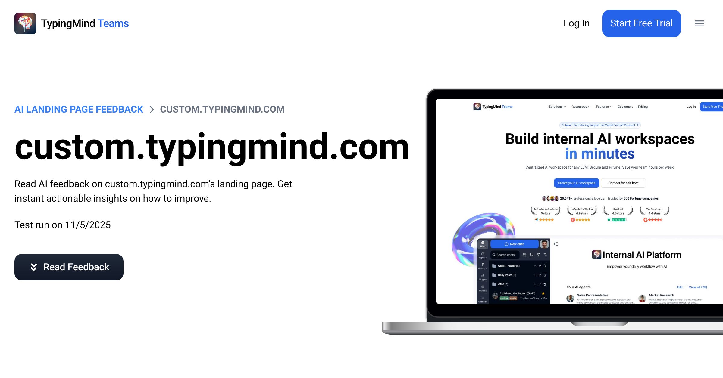 AI Landing Page Feedback for custom.typingmind.com