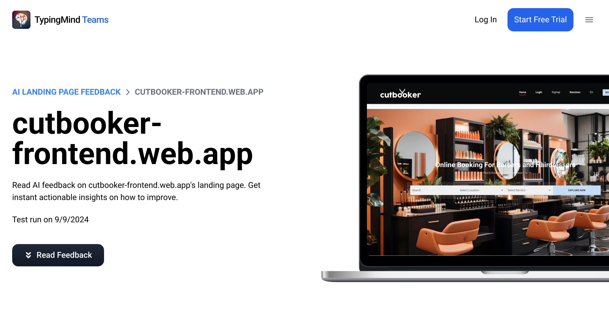 AI Landing Page Feedback for cutbooker-frontend.web.app