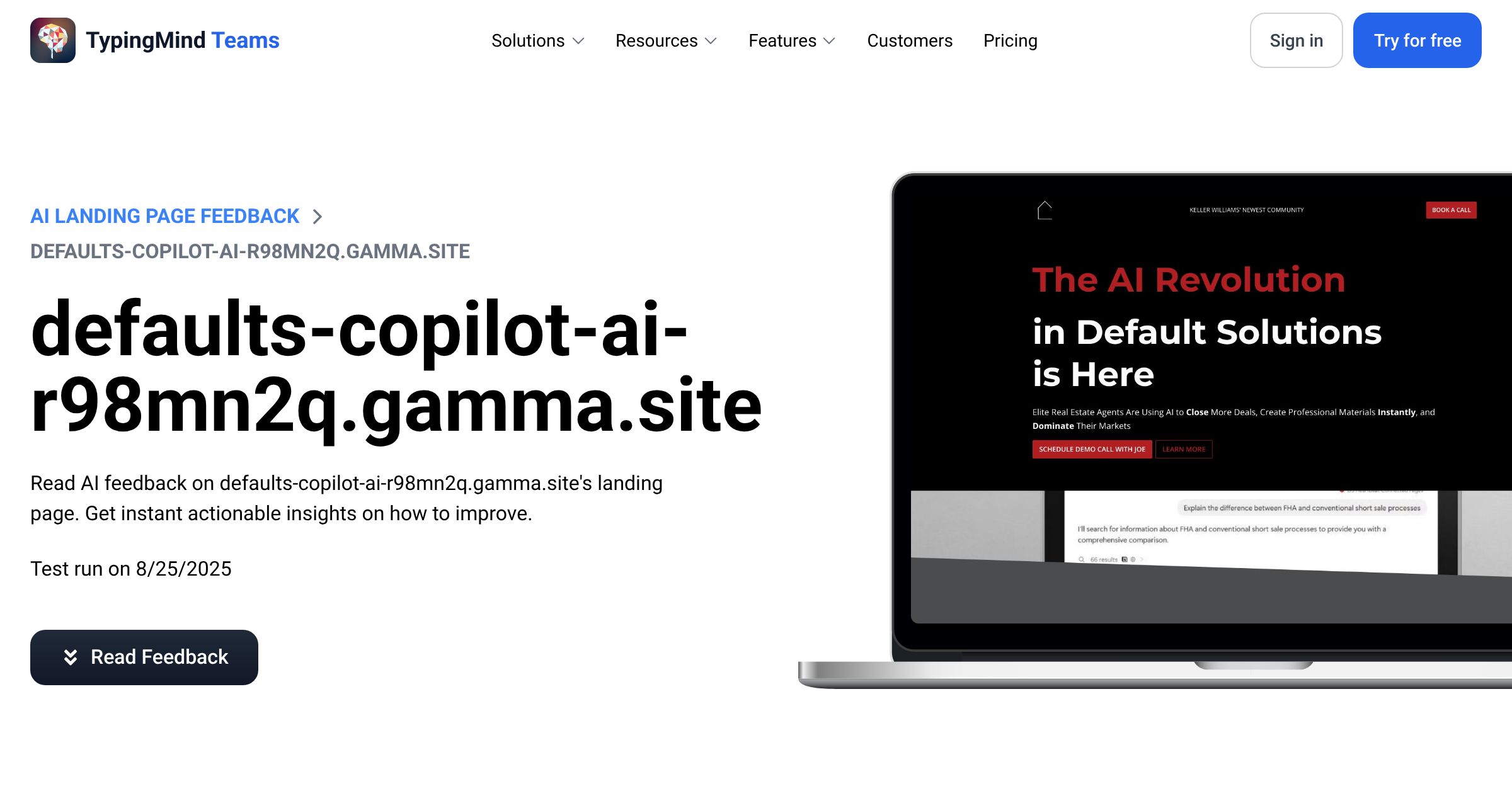 AI Landing Page Feedback for defaults-copilot-ai-r98mn2q.gamma.site