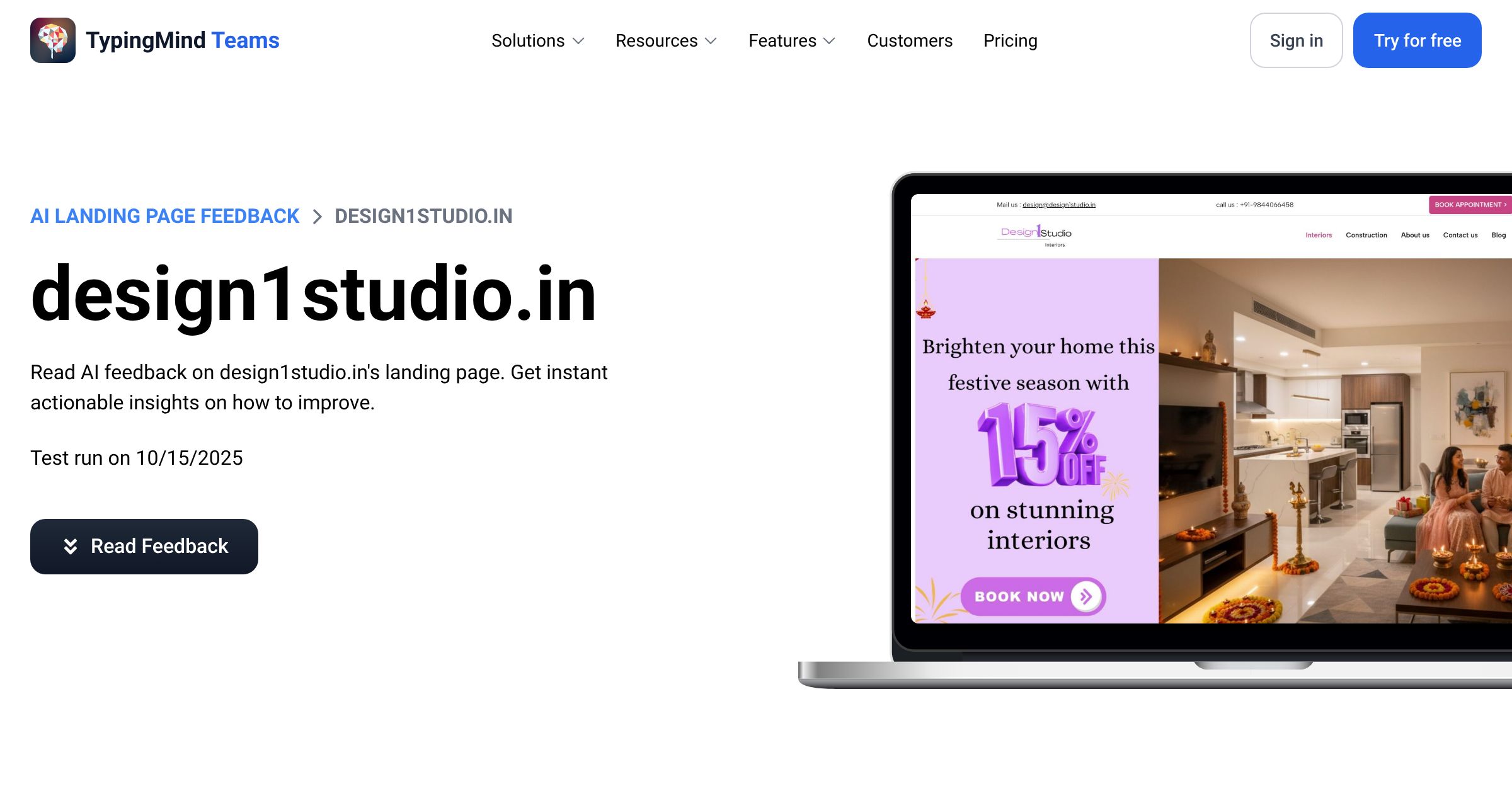 AI Landing Page Feedback for design1studio.in