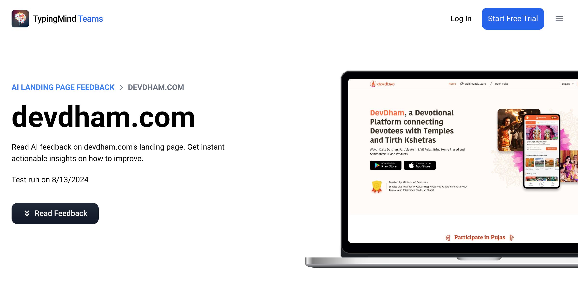 AI Landing Page Feedback for devdham.com