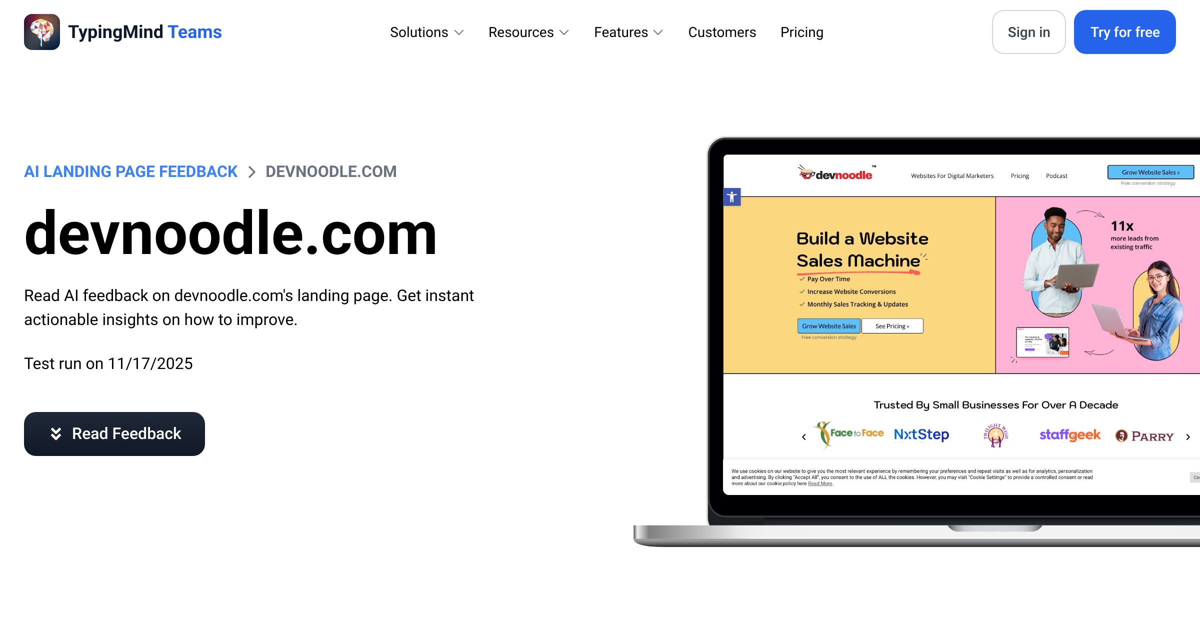 AI Landing Page Feedback for devnoodle.com