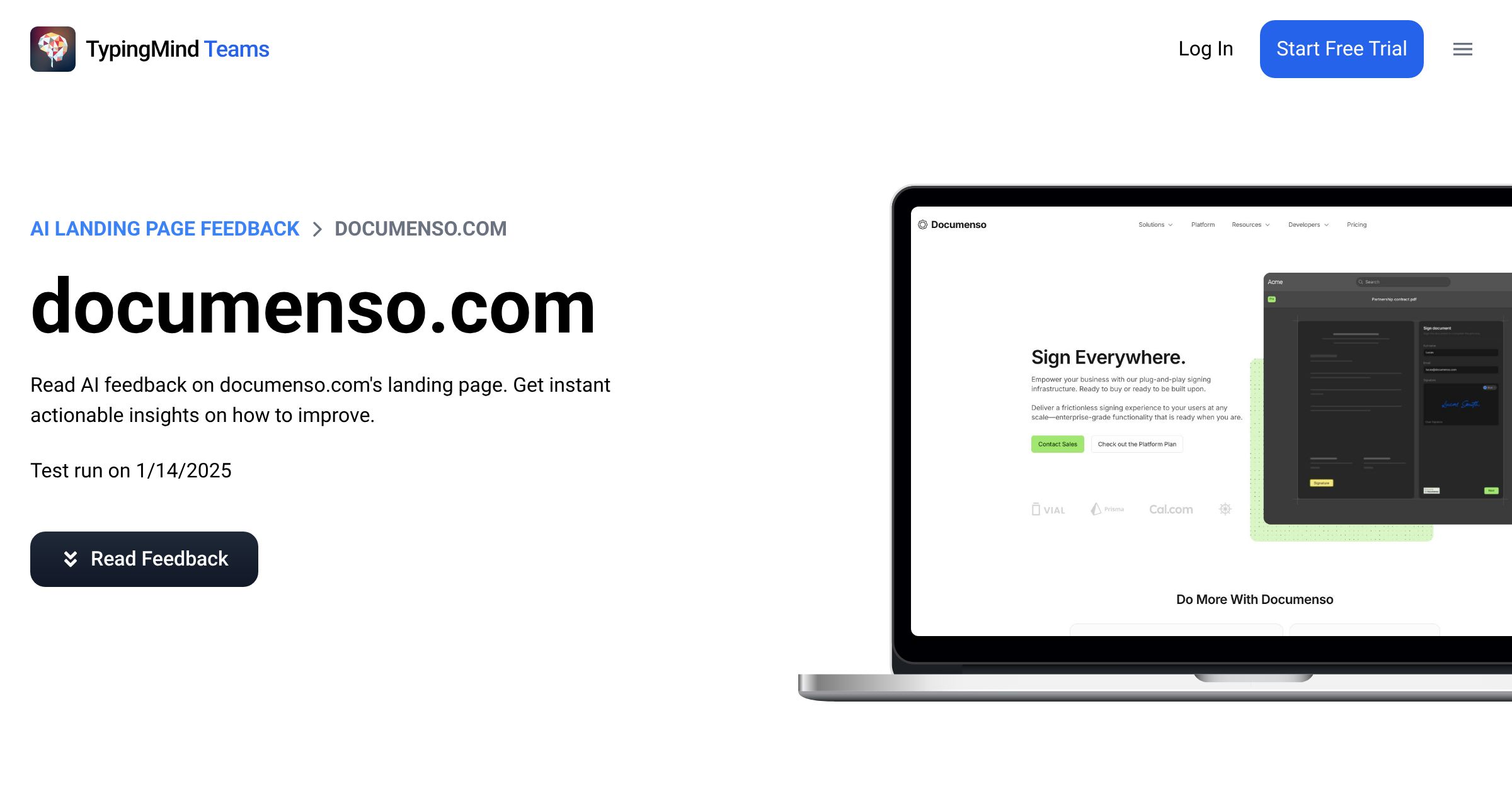 AI Landing Page Feedback for documenso.com