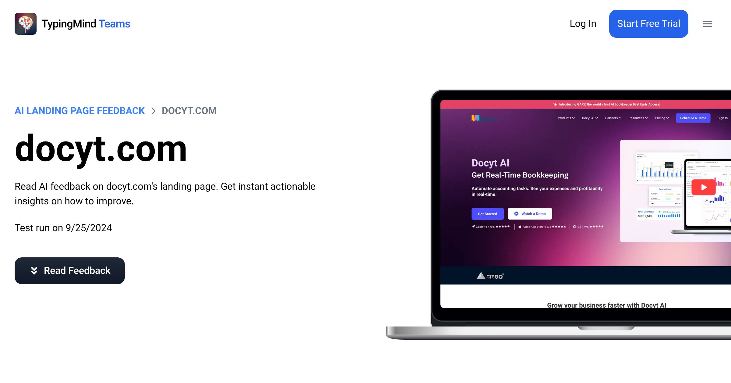 AI Landing Page Feedback for docyt.com