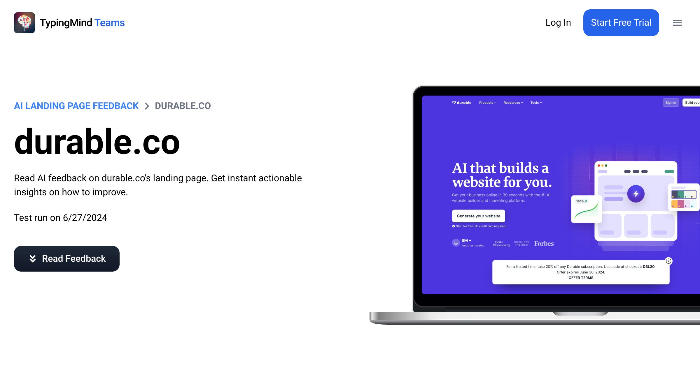 AI Landing Page Feedback for durable.co