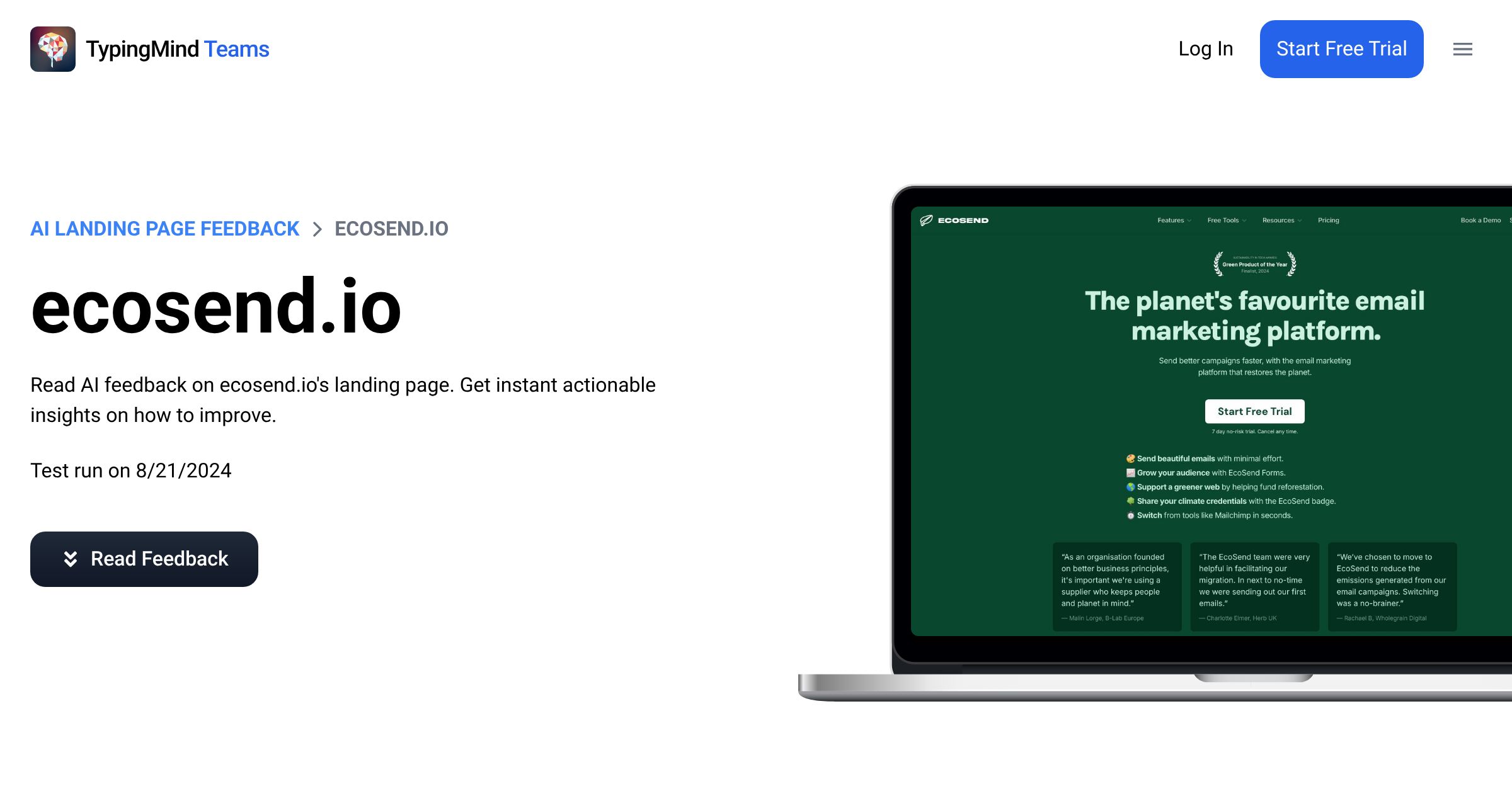 AI Landing Page Feedback for ecosend.io