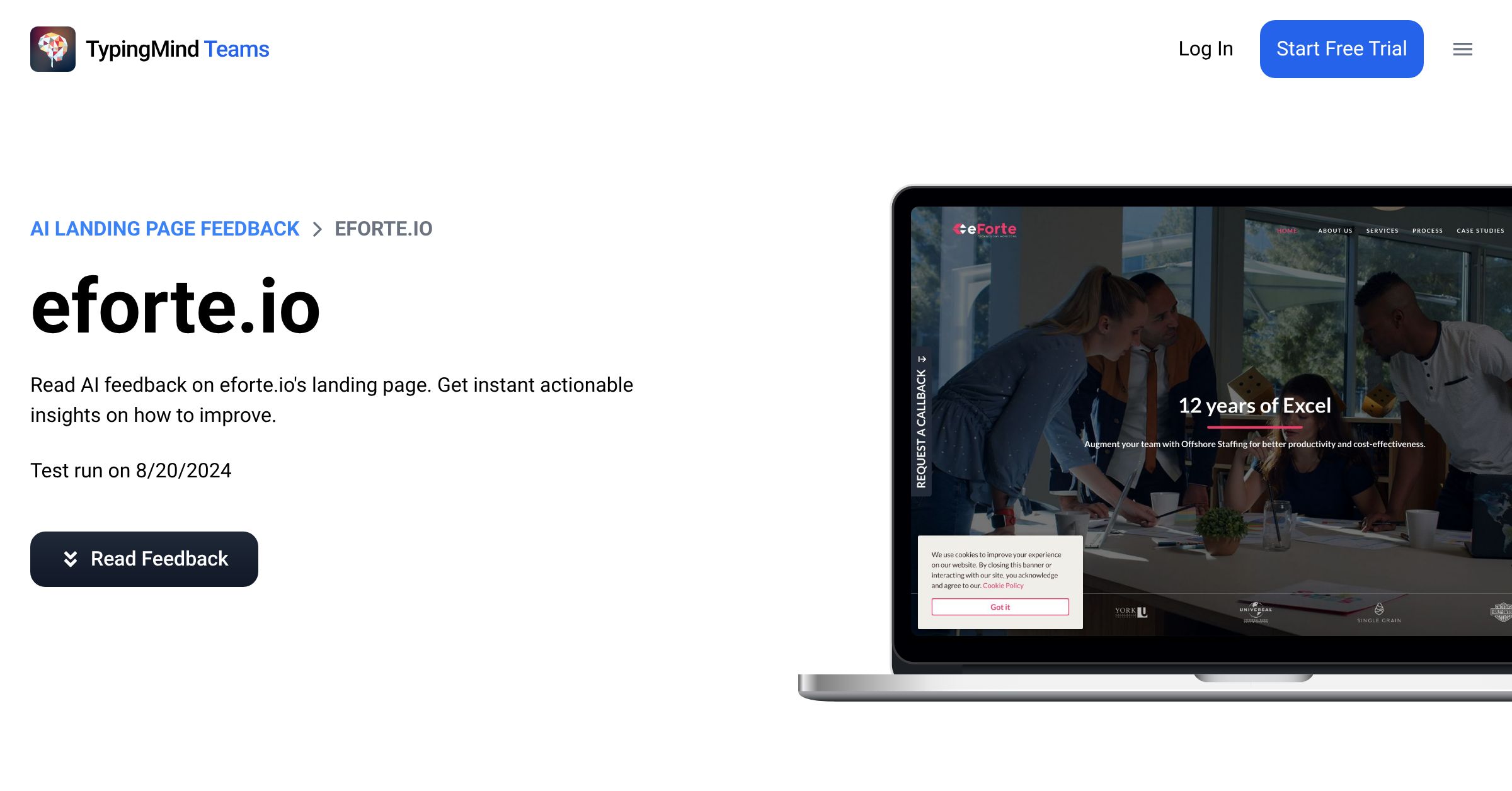 AI Landing Page Feedback for eforte.io