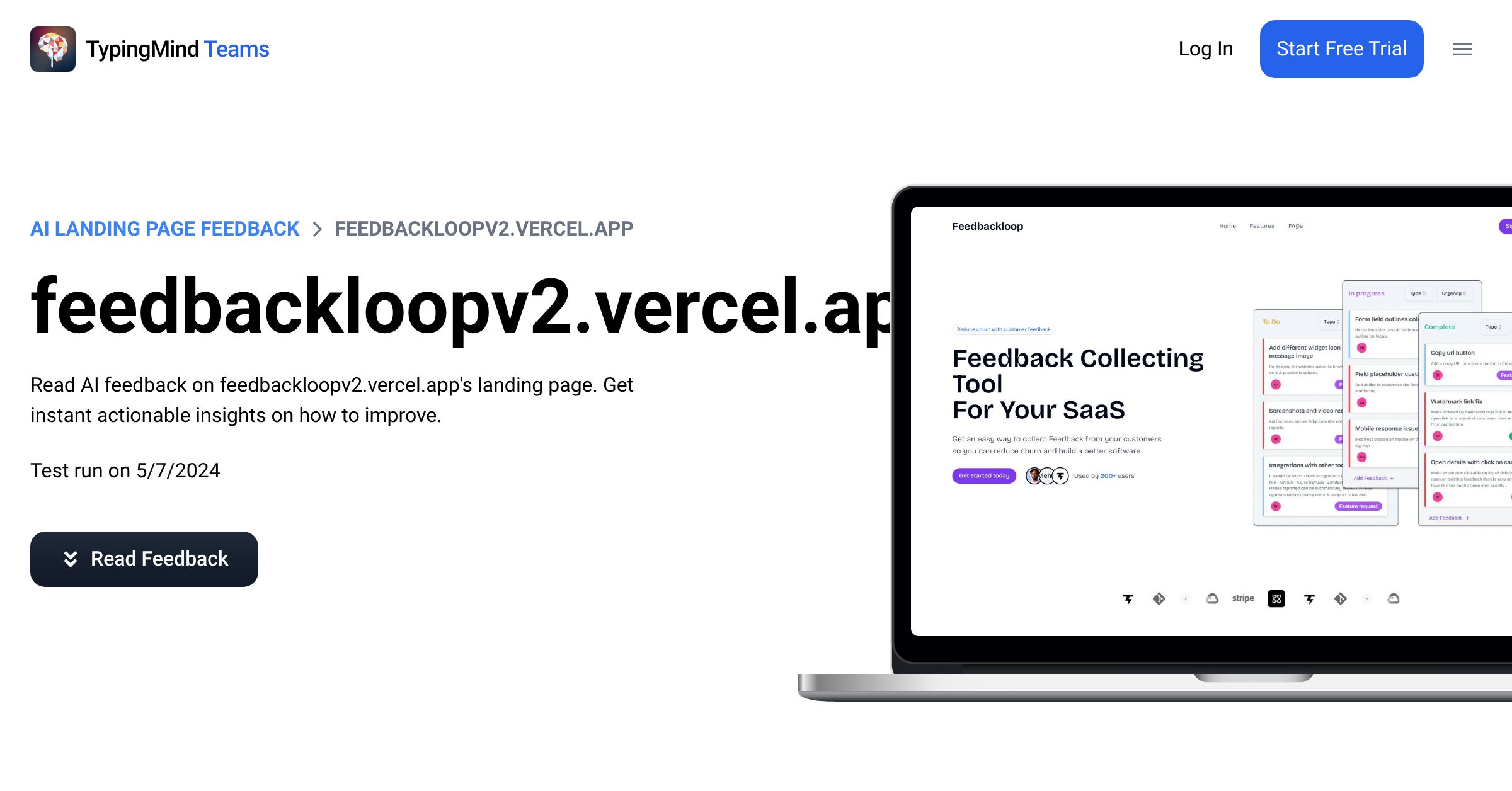 AI Landing Page Feedback for feedbackloopv2.vercel.app