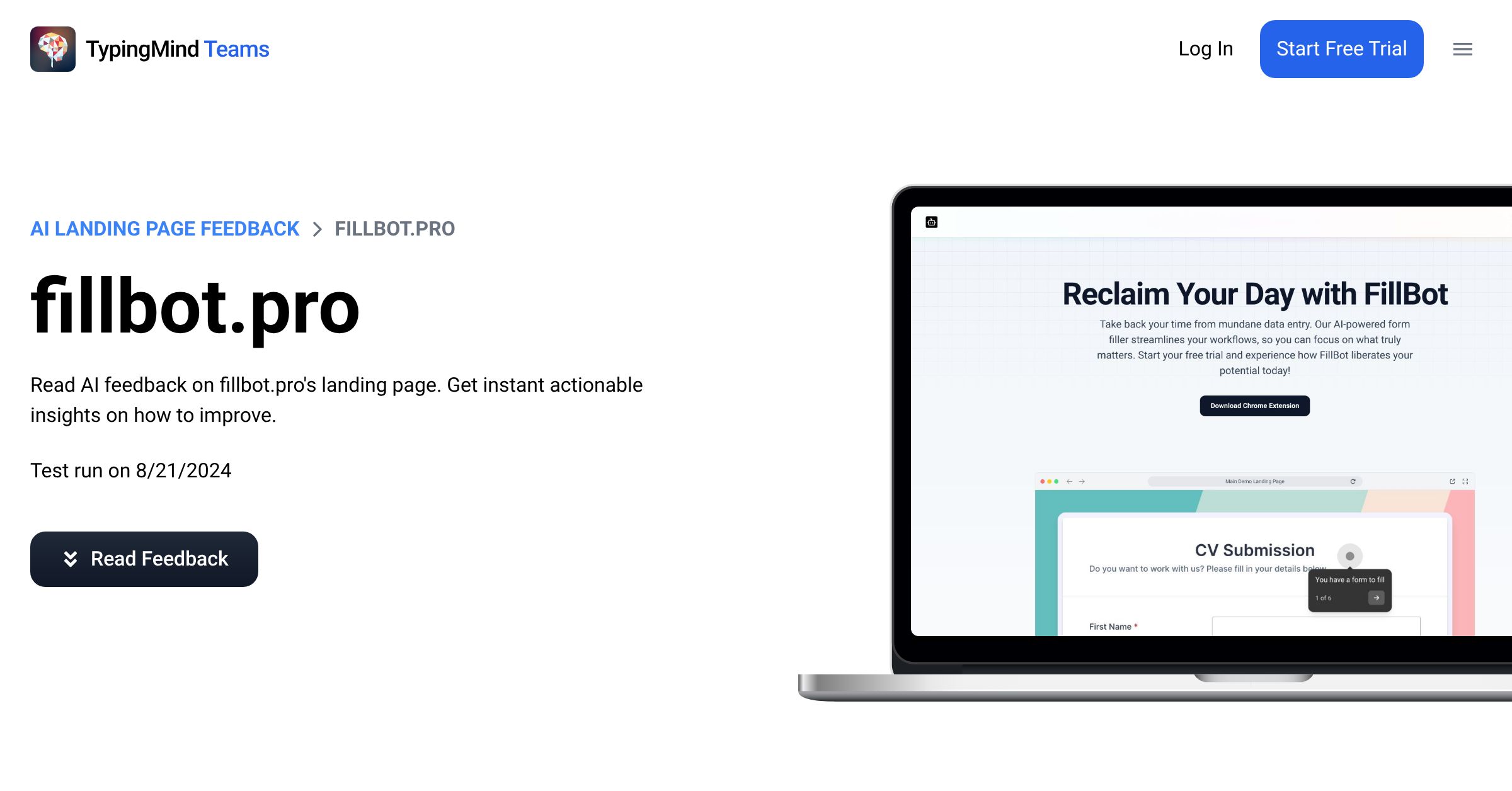 AI Landing Page Feedback for fillbot.pro