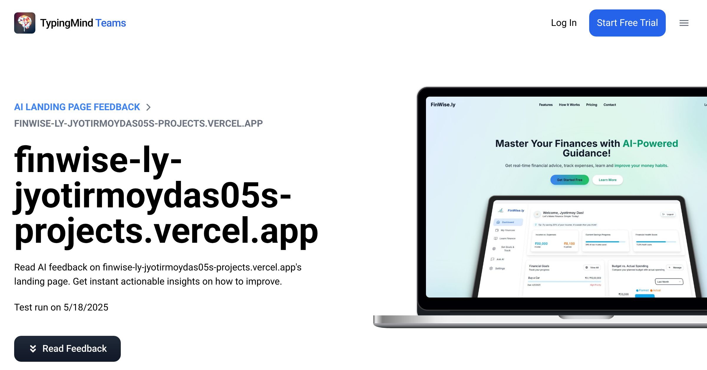 AI Landing Page Feedback for finwise-ly-jyotirmoydas05s-projects.vercel.app