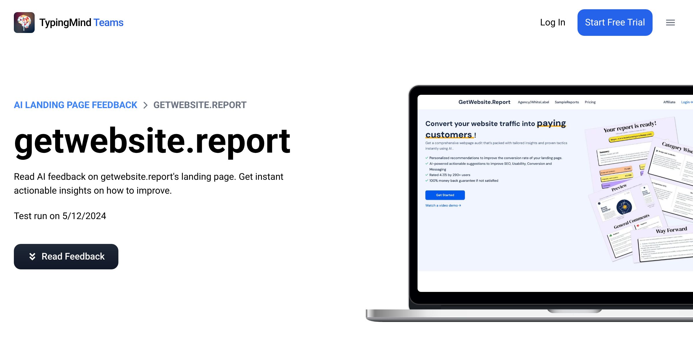 AI Landing Page Feedback for getwebsite.report