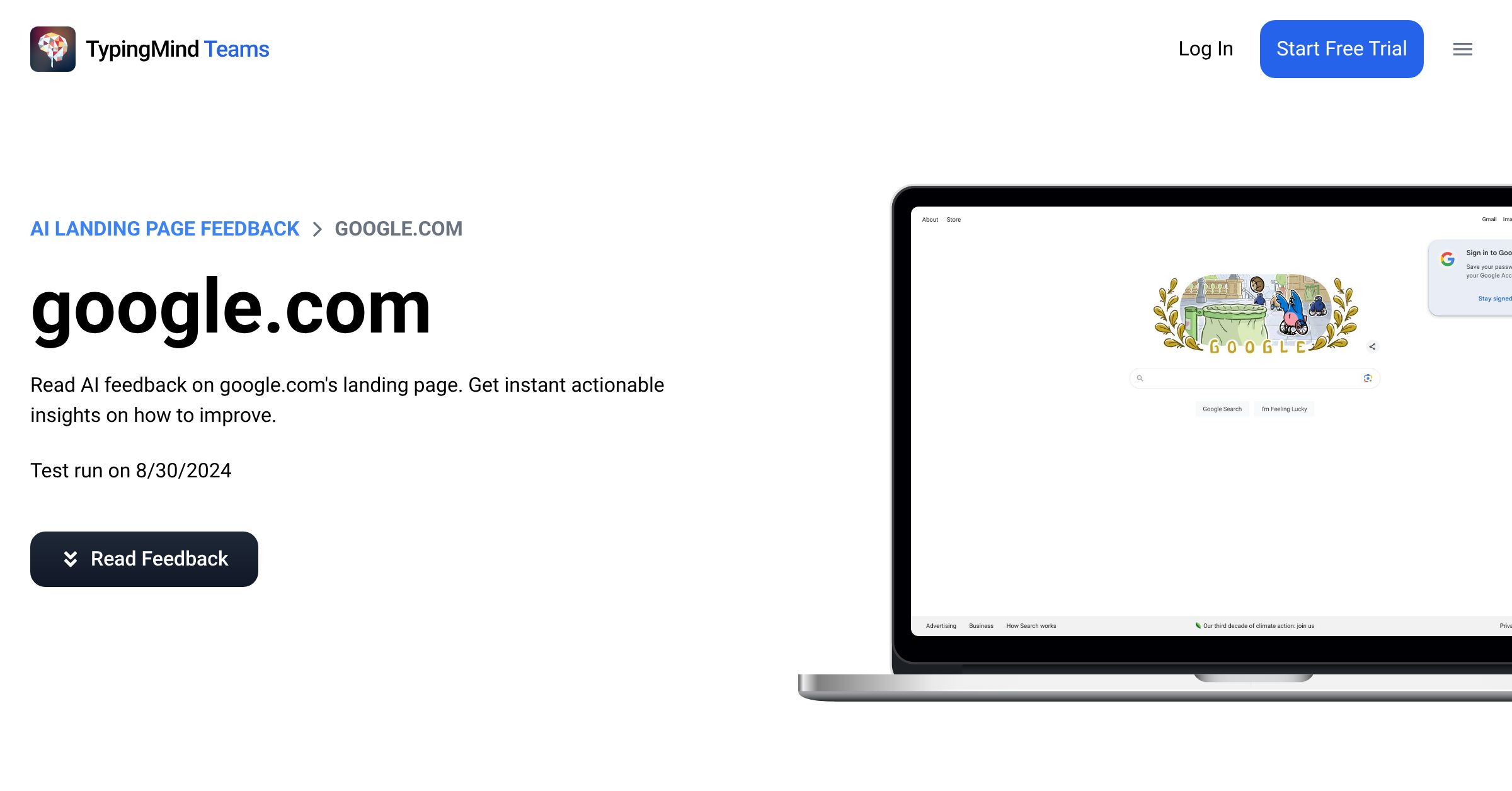AI Landing Page Feedback for google.com