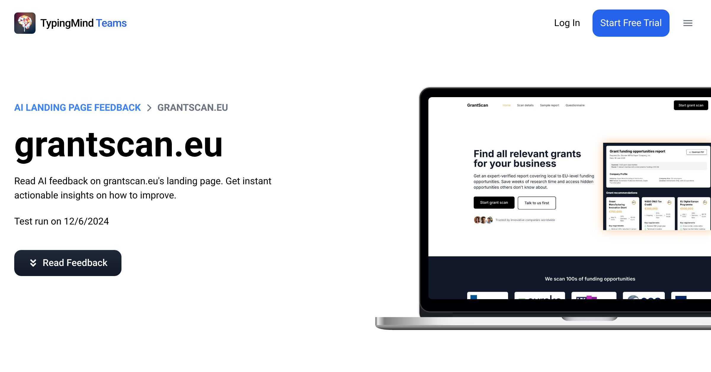 AI Landing Page Feedback for grantscan.eu