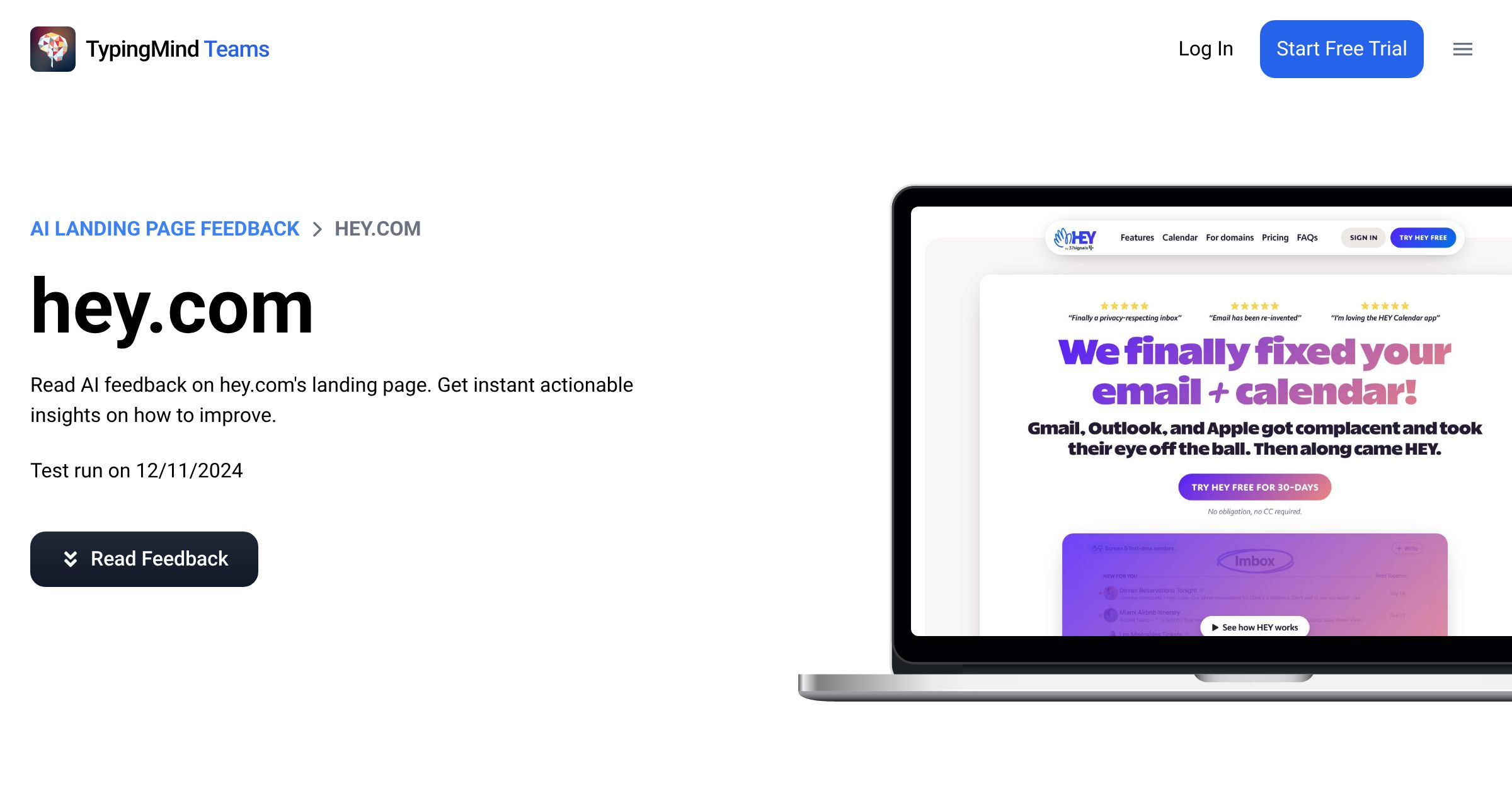 AI Landing Page Feedback for hey.com