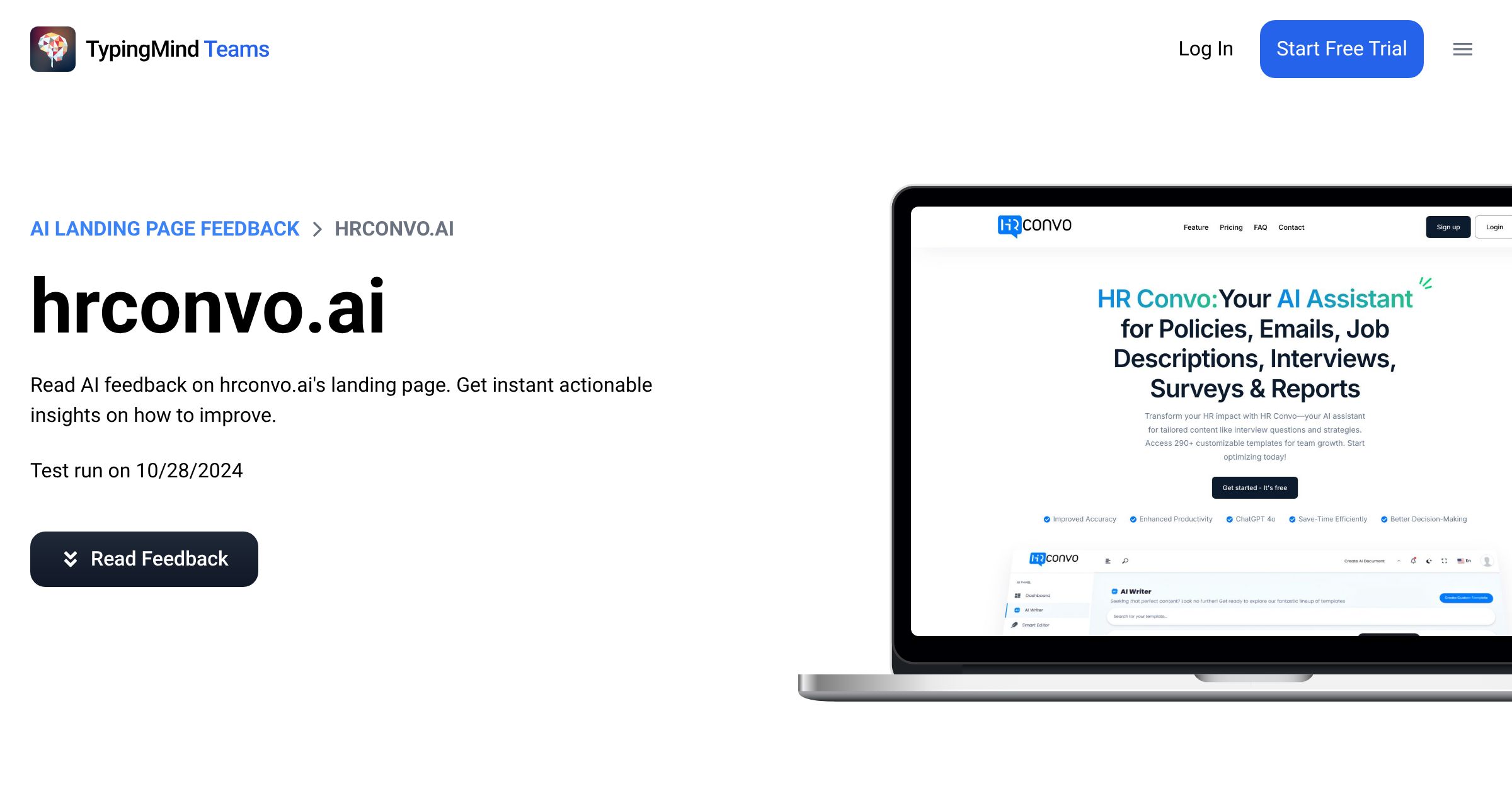 AI Landing Page Feedback for hrconvo.ai