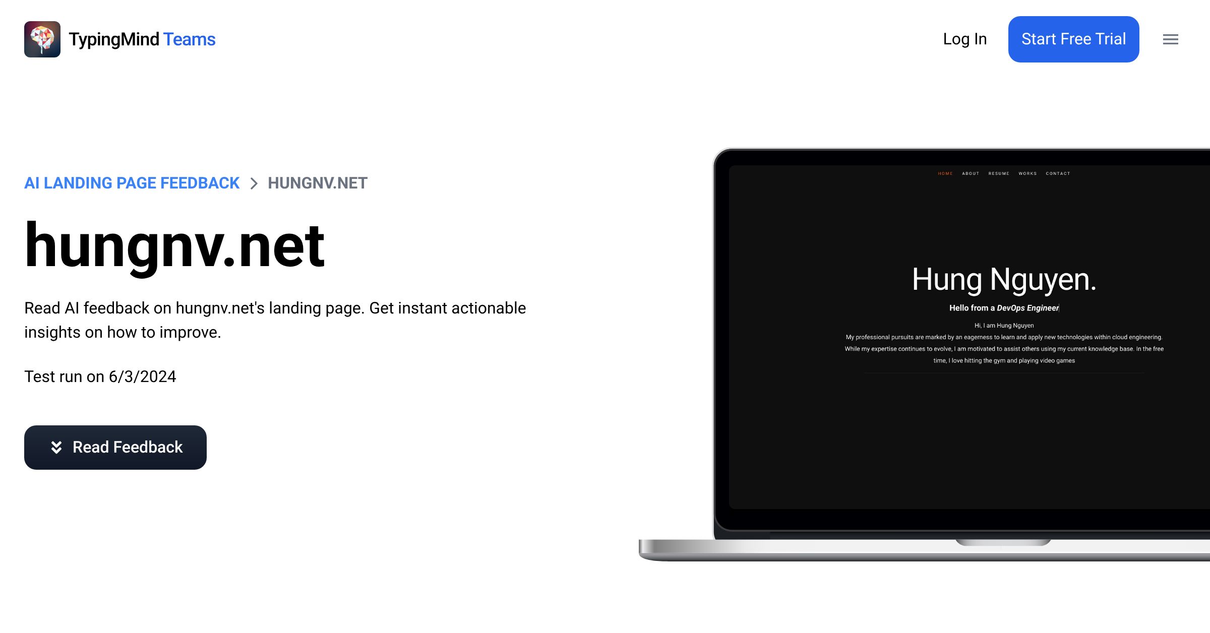 AI Landing Page Feedback for hungnv.net