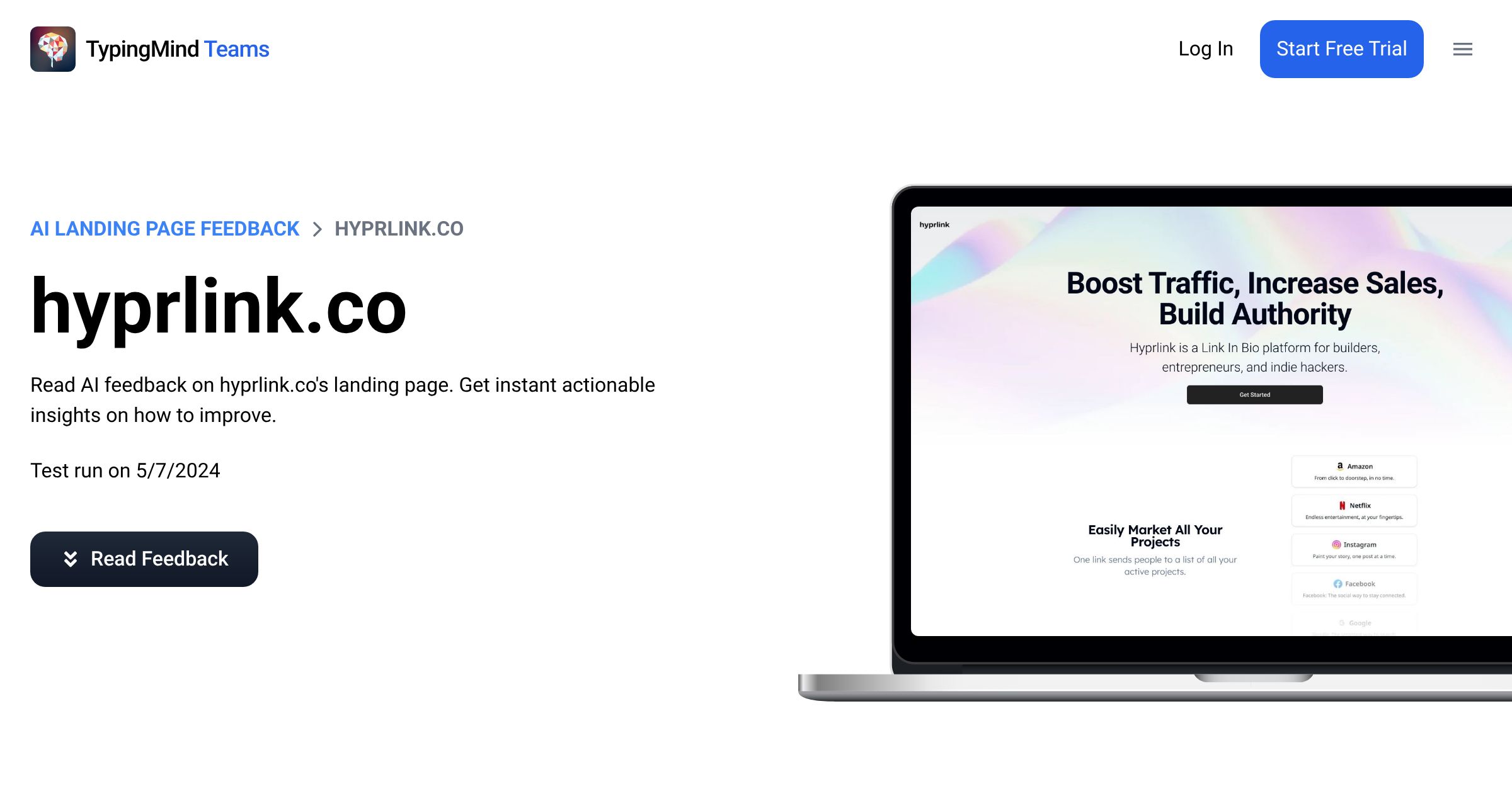 AI Landing Page Feedback for hyprlink.co